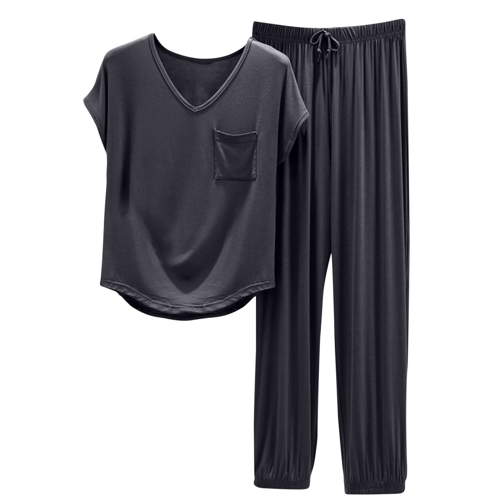 POIUYTR Womens Modal Pajama Sets Short Sleeve Sleepwear and Long Pants ...