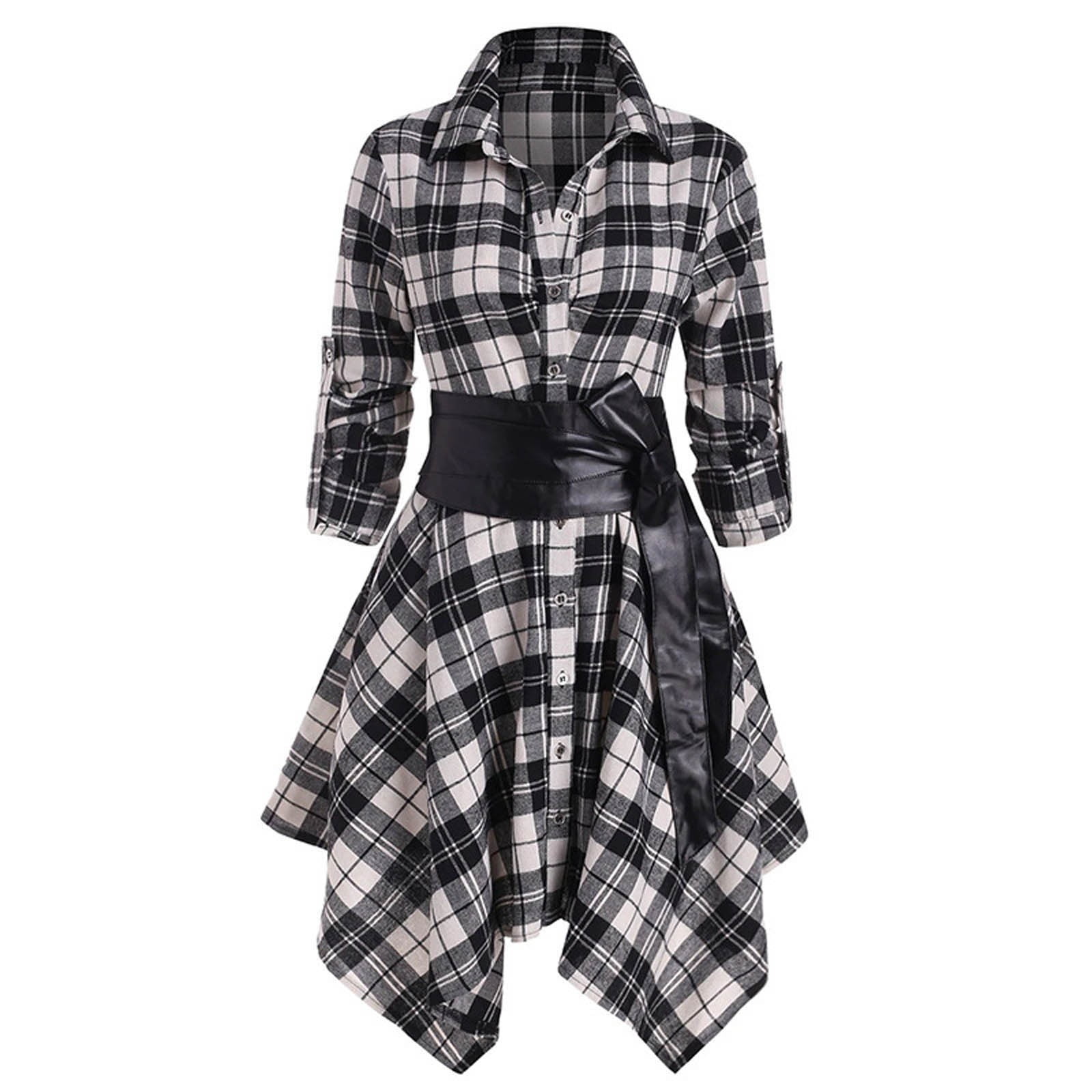 APEXFWDT Womens Plaid Dresses Button Down Flannel Dress with Belt Long ...