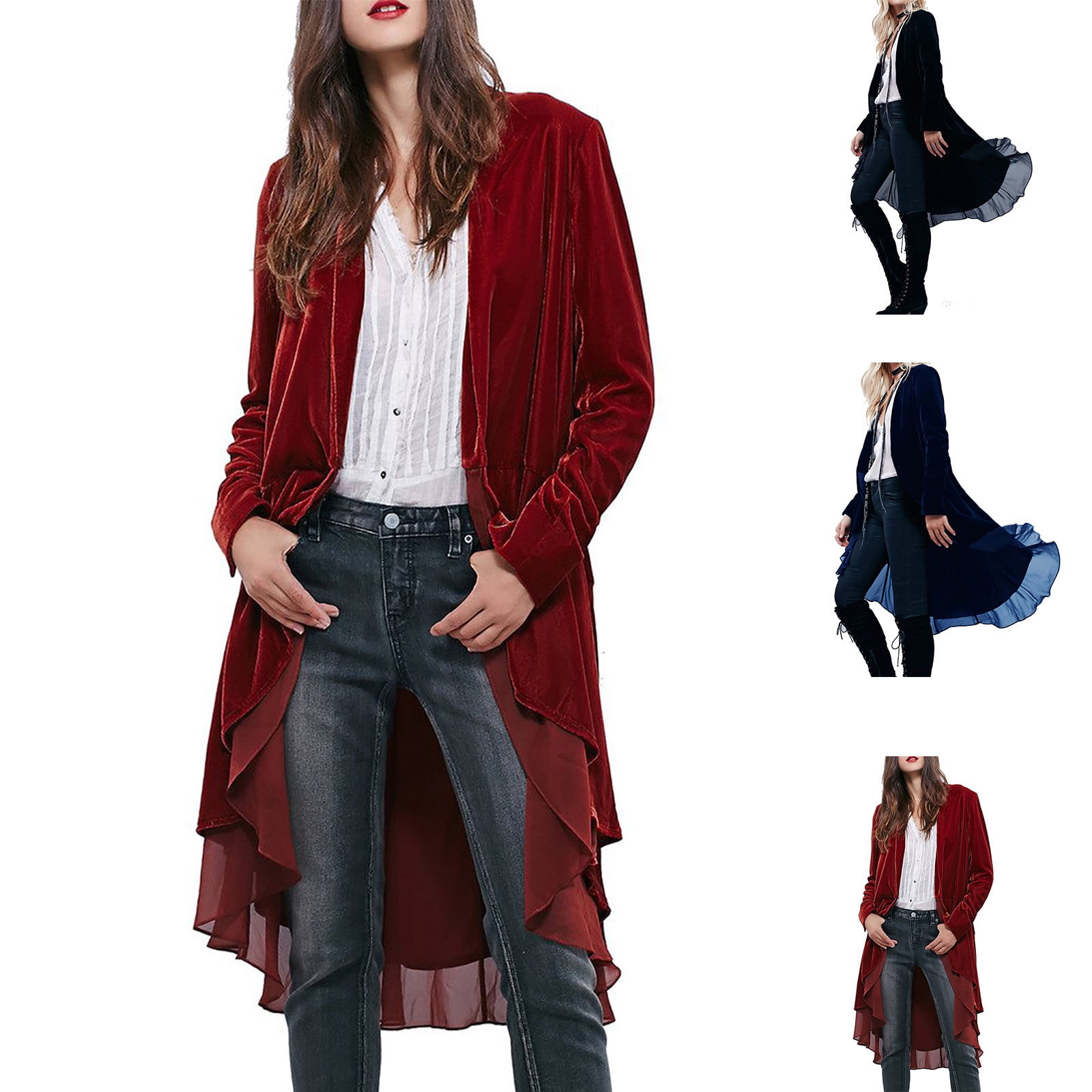 APEXFWDT Womens Ruffled Long Velvet Blazers Coat Long Sleeve Asymmetric ...