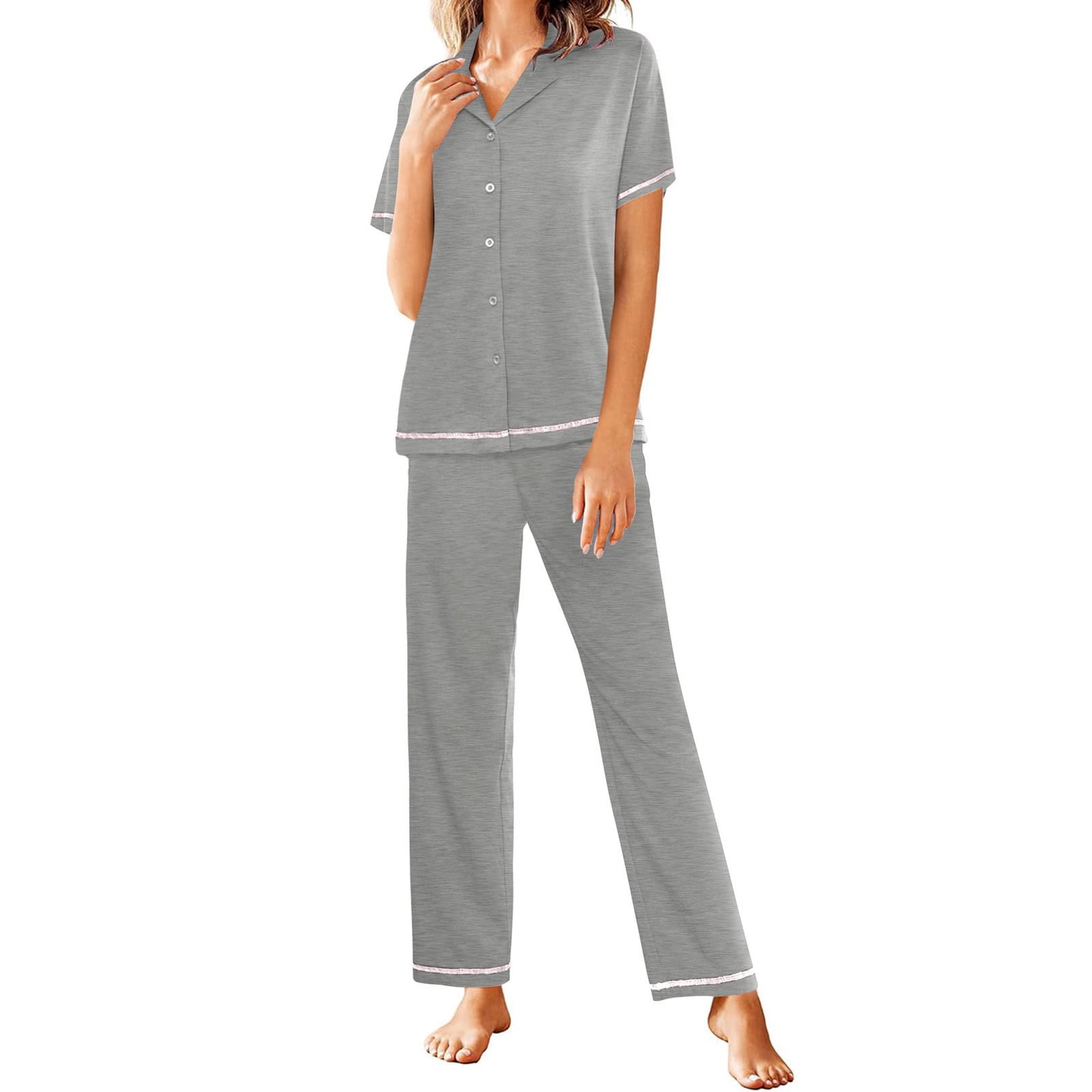 APEXFWDT Womens Silk Satin Pajamas Short Sleeve Long Pants Pj Set Two ...