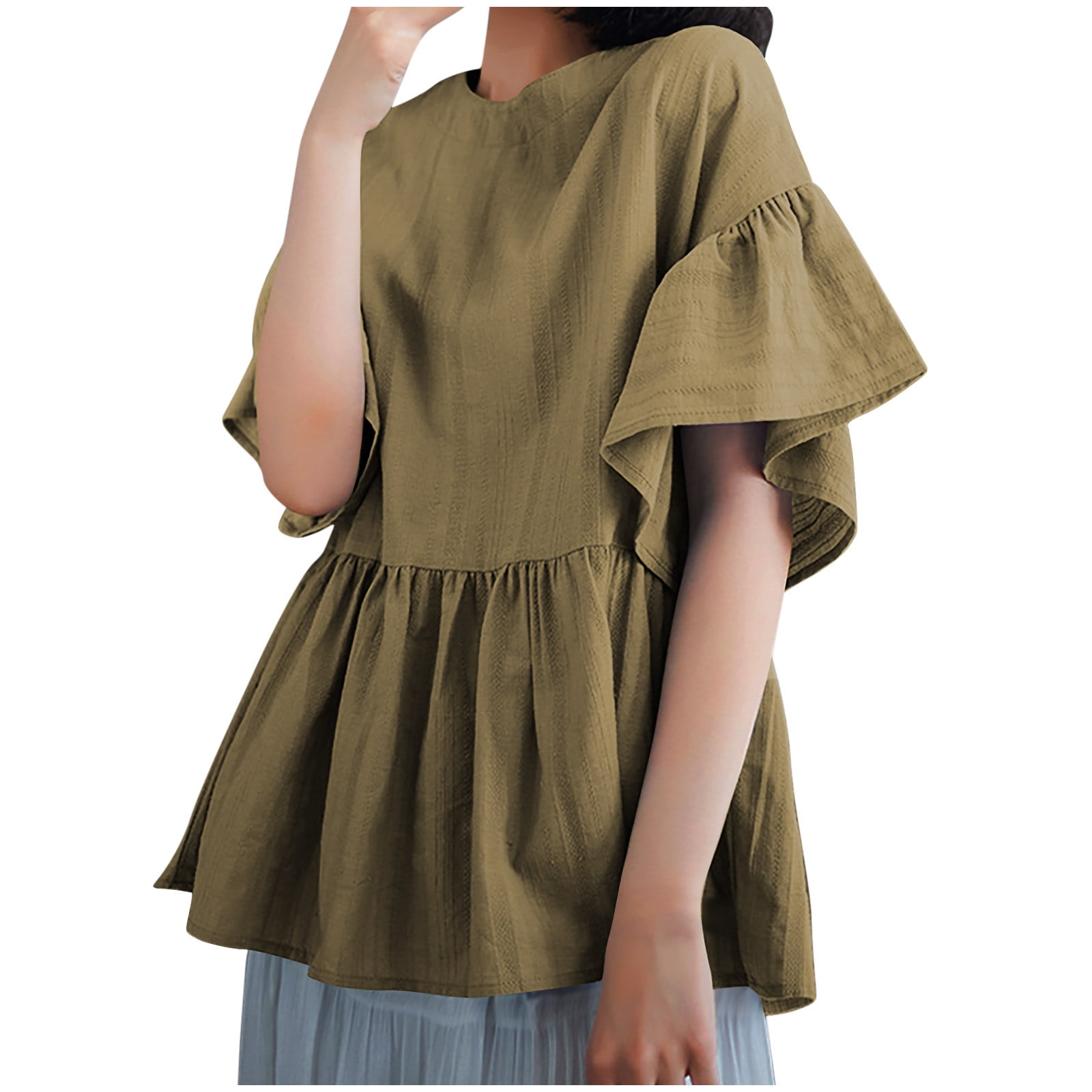 APEXFWDT Womens Summer Ruffle Tops Casual Crew Neck Short Sleeve Blouse ...
