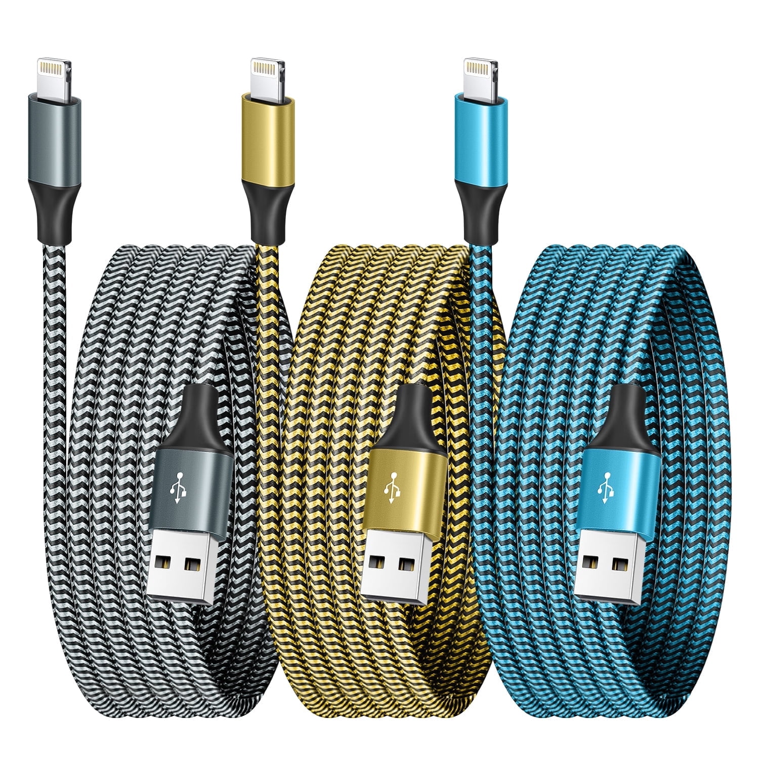 Apple Certified 3-Pack, 6ft, Extra-Long Fast Charging Nylon Braided ...