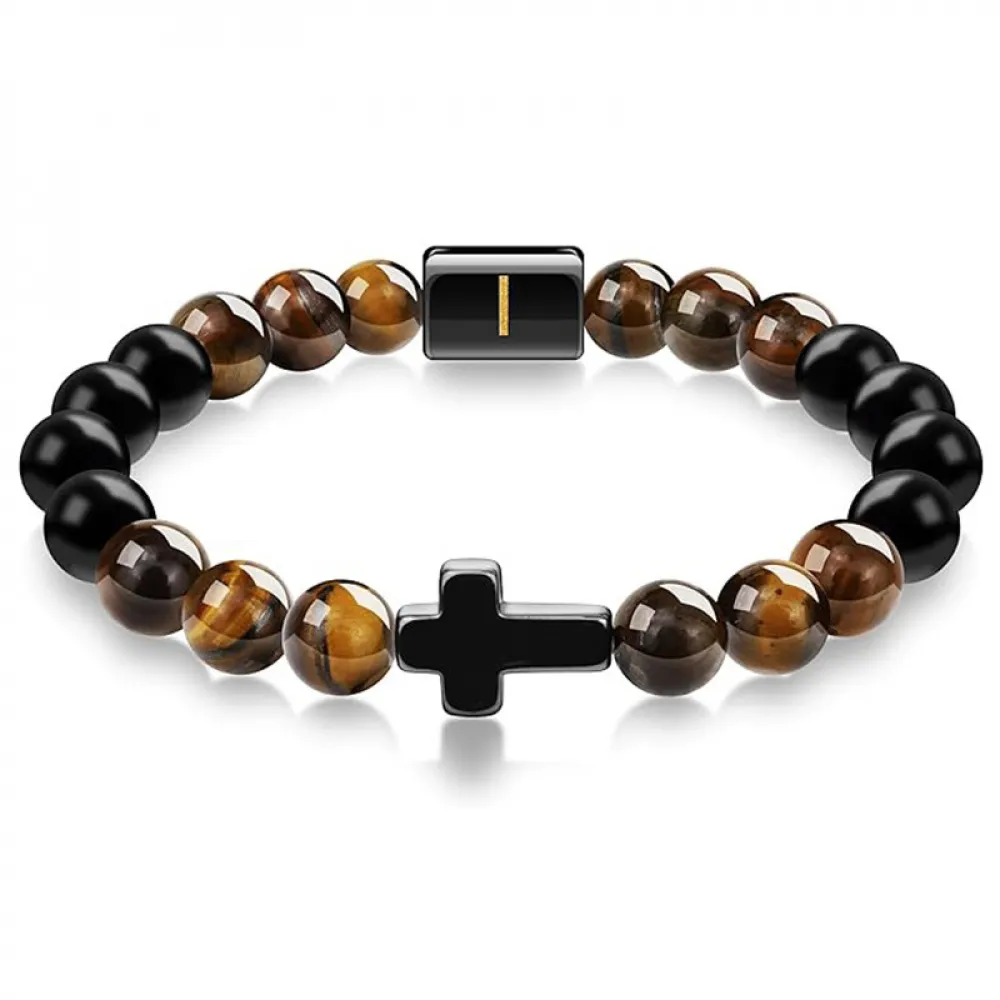 APIPEE Men's Tiger Eye Onyx Beaded Bracelet, A-Z Initial Cross ...