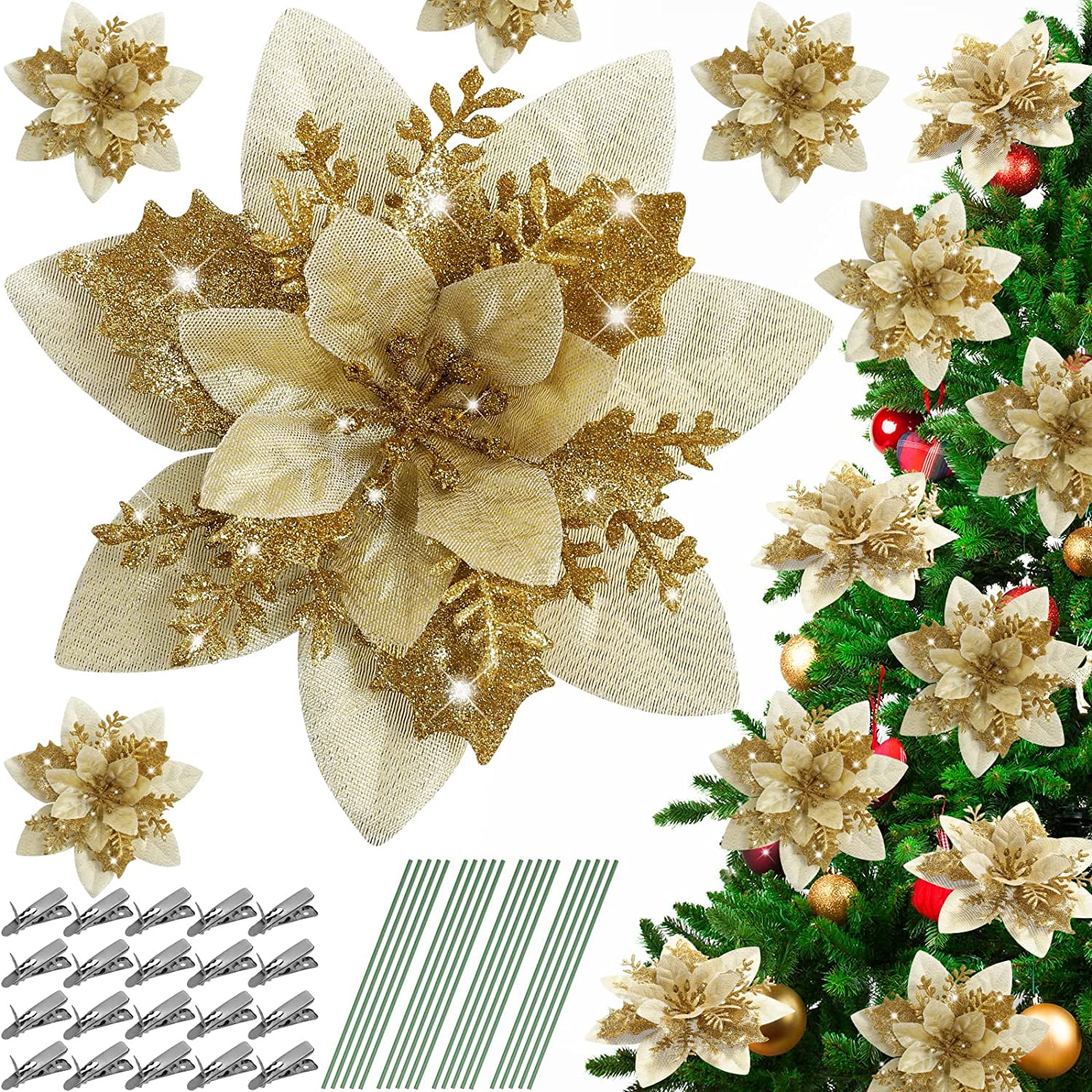 APODESS 24pcs Artificial Poinsettia Christmas Decorations, Glitter ...