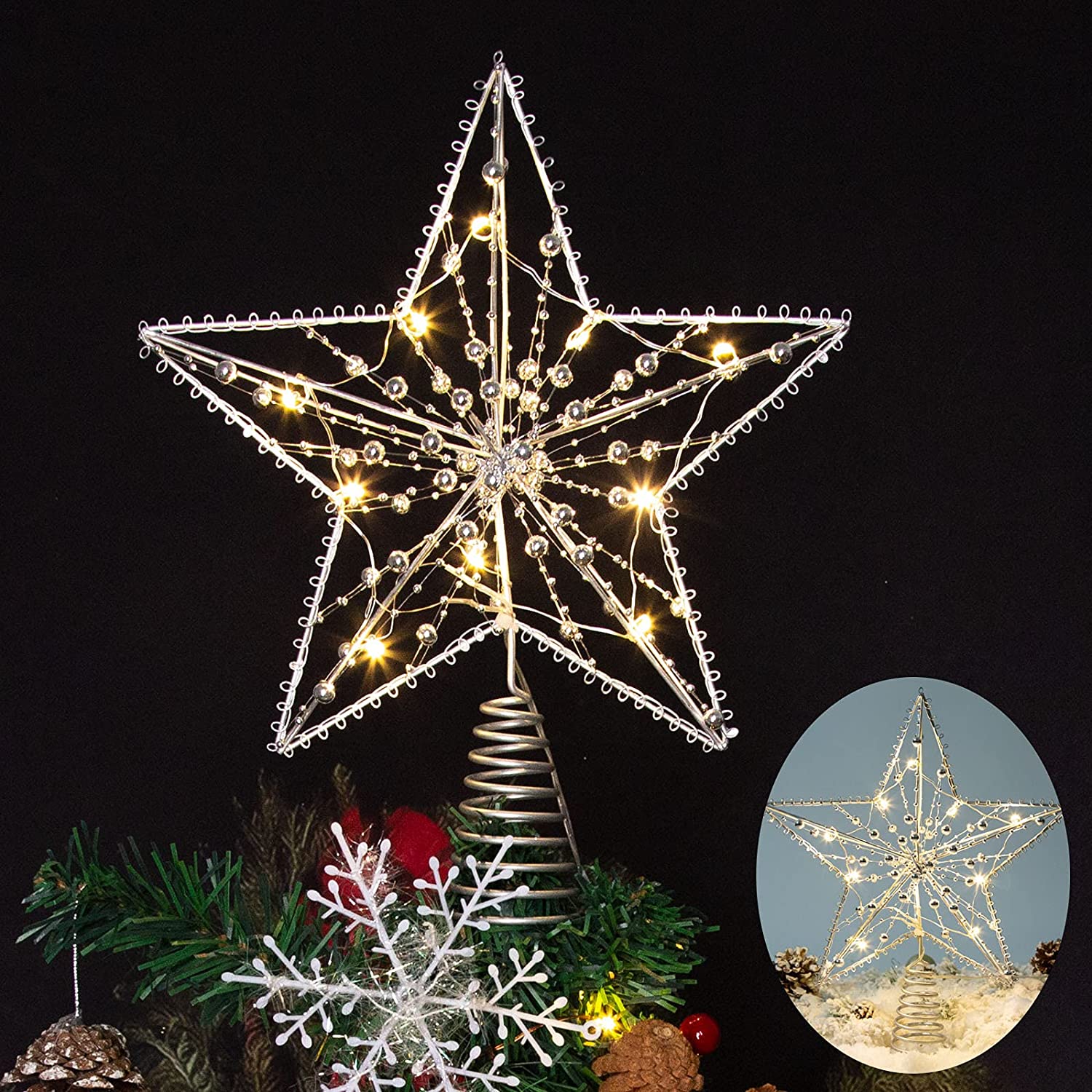 APODESS Sliver Christmas Tree Topper Star Decorations Xmas Tree ...