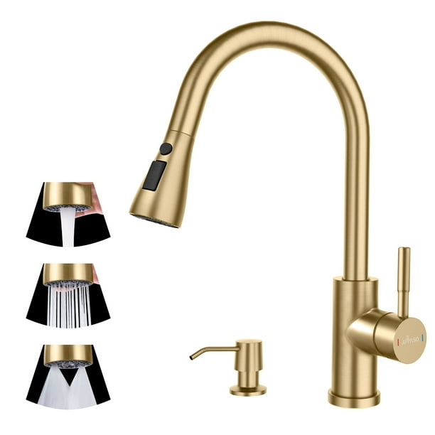 APPASO Brushed Gold 2 Hole Kitchen Faucet with Pull Down 3 Modes ...