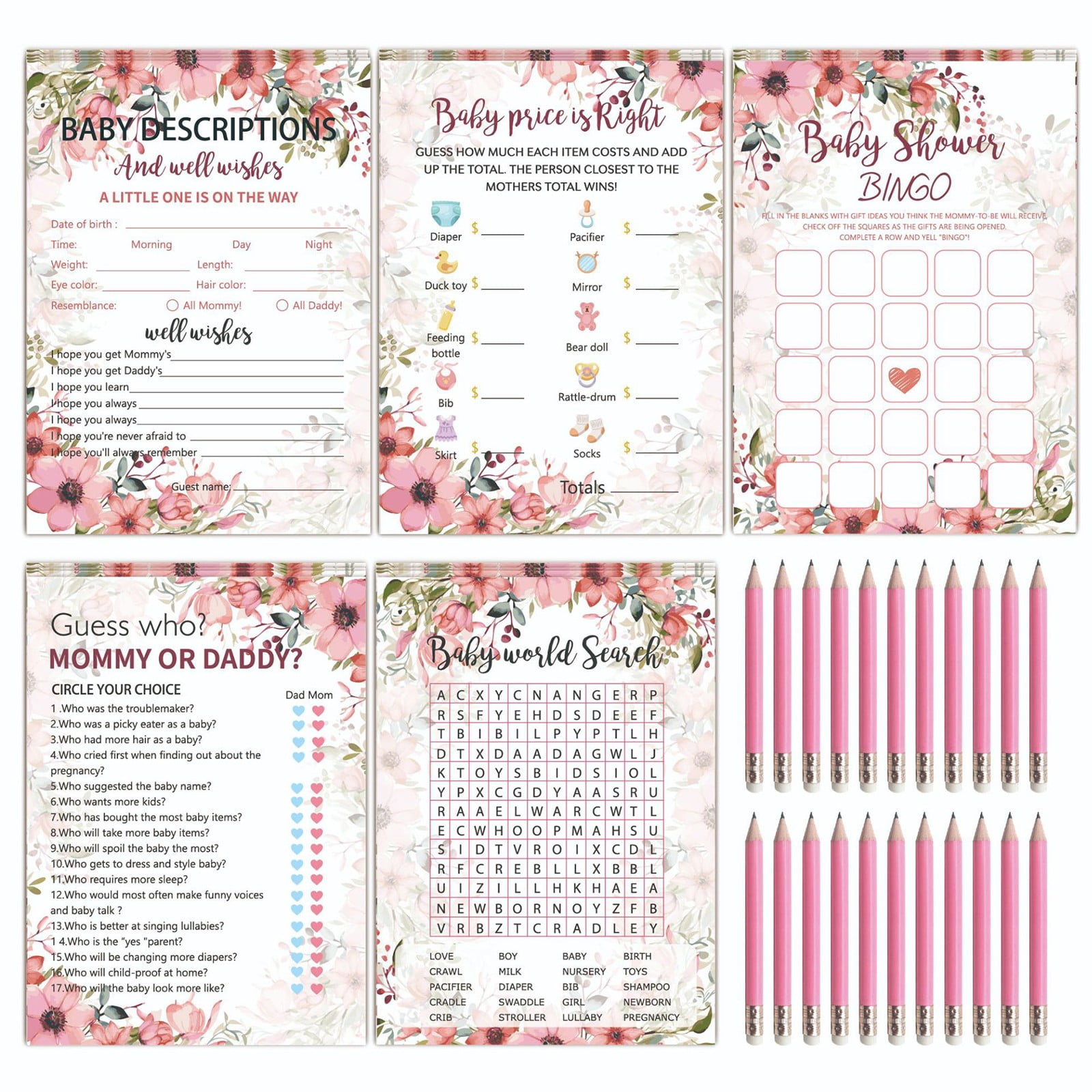 APSNB Baby Shower DIY Game Kit, 145 Pieces Floral Wishes Guessing Fun ...