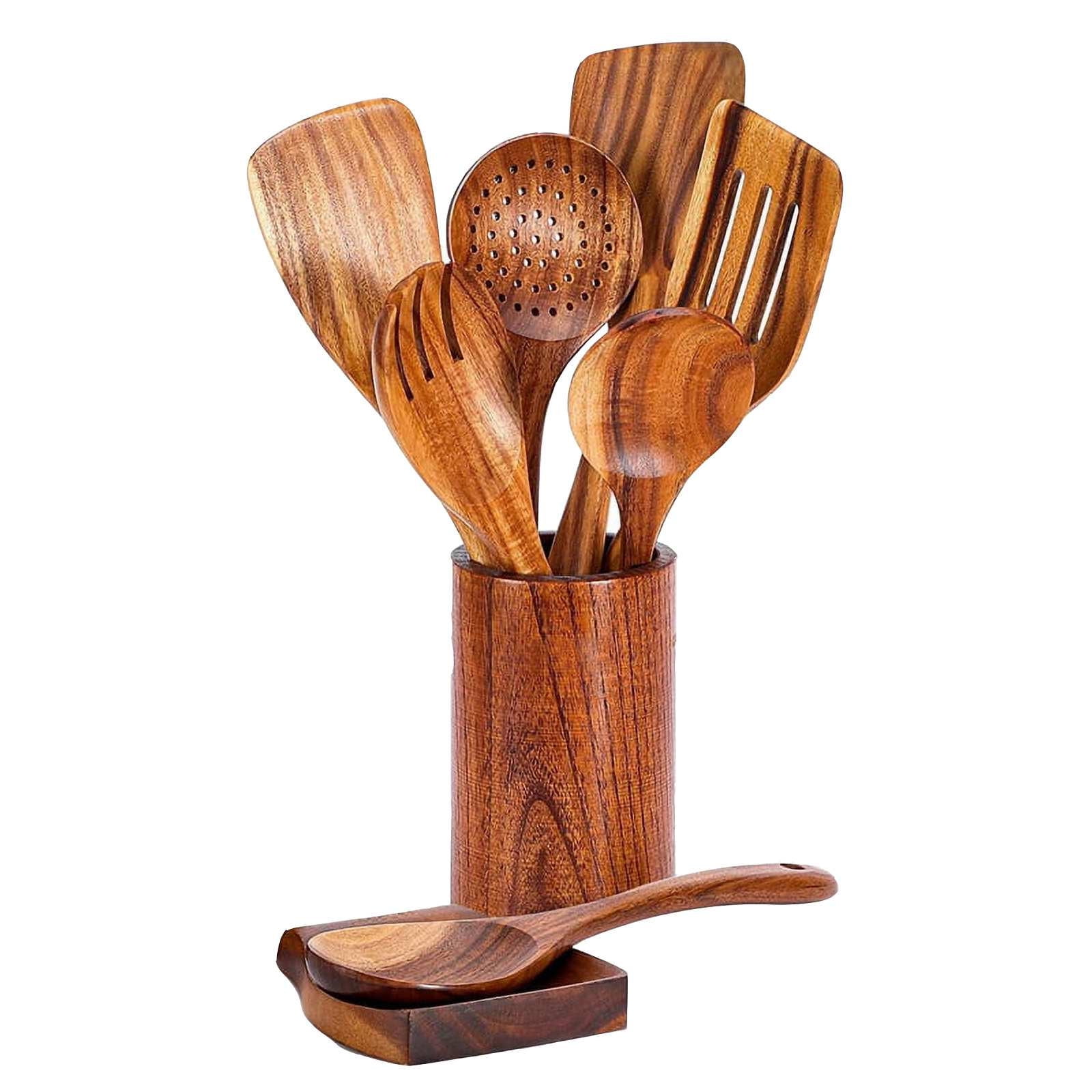 APSNB Premium Wooden Kitchen Utensil Set 7 Piece Non-Stick Cooking ...