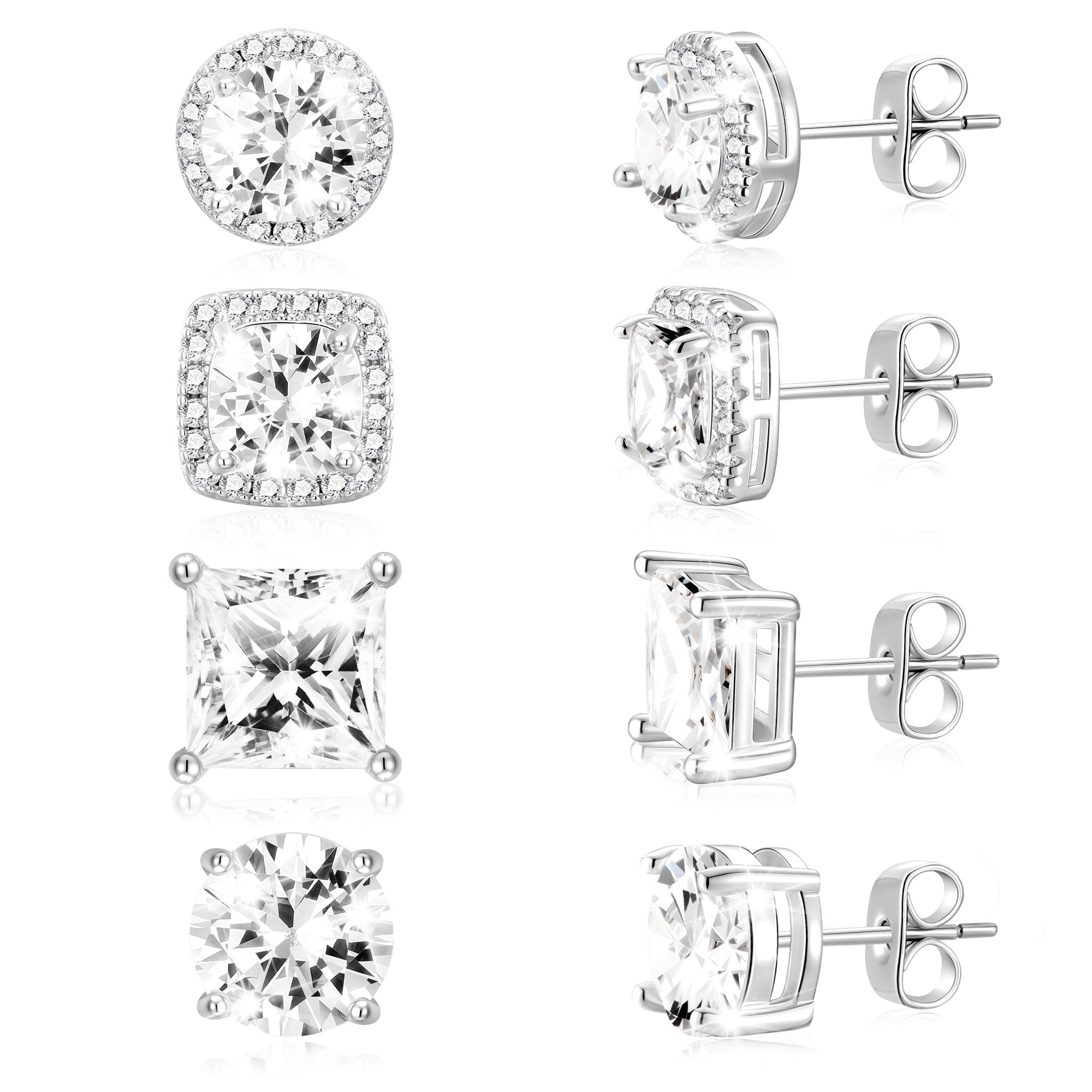 APSVO 4 Pairs 18K White Gold Plated Halo Stud Earrings for Women Men CZ ...