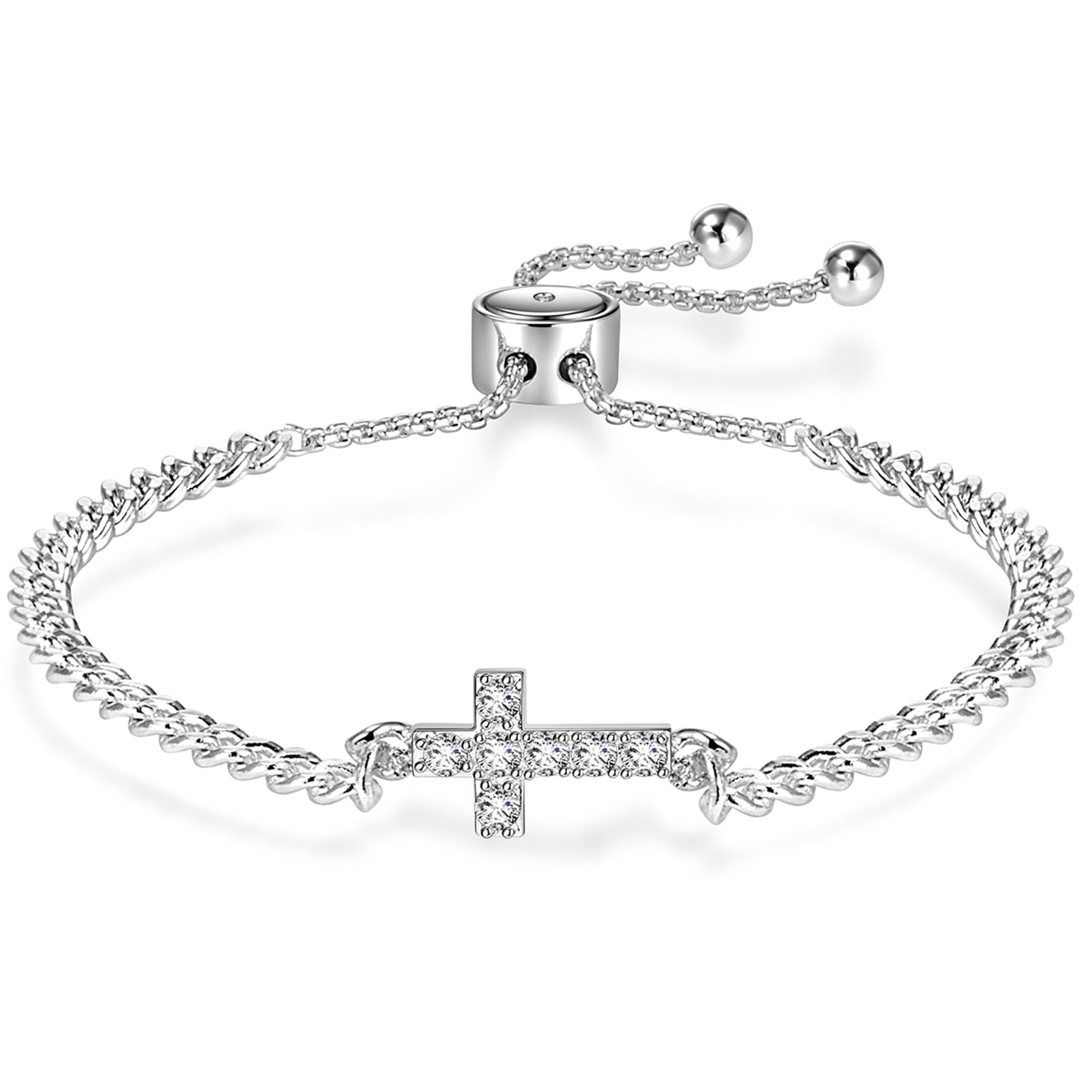 APSVO Cubic Zirconia Silver Cross Charm Bracelet for Women Teen Girl ...