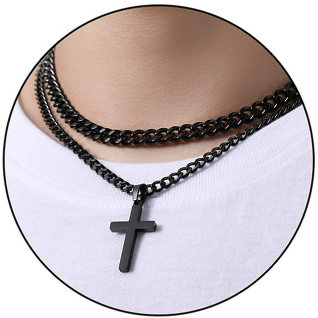 APSVO Stainless Steel Black Cross Necklace for Men Boys, Layered Cuban ...