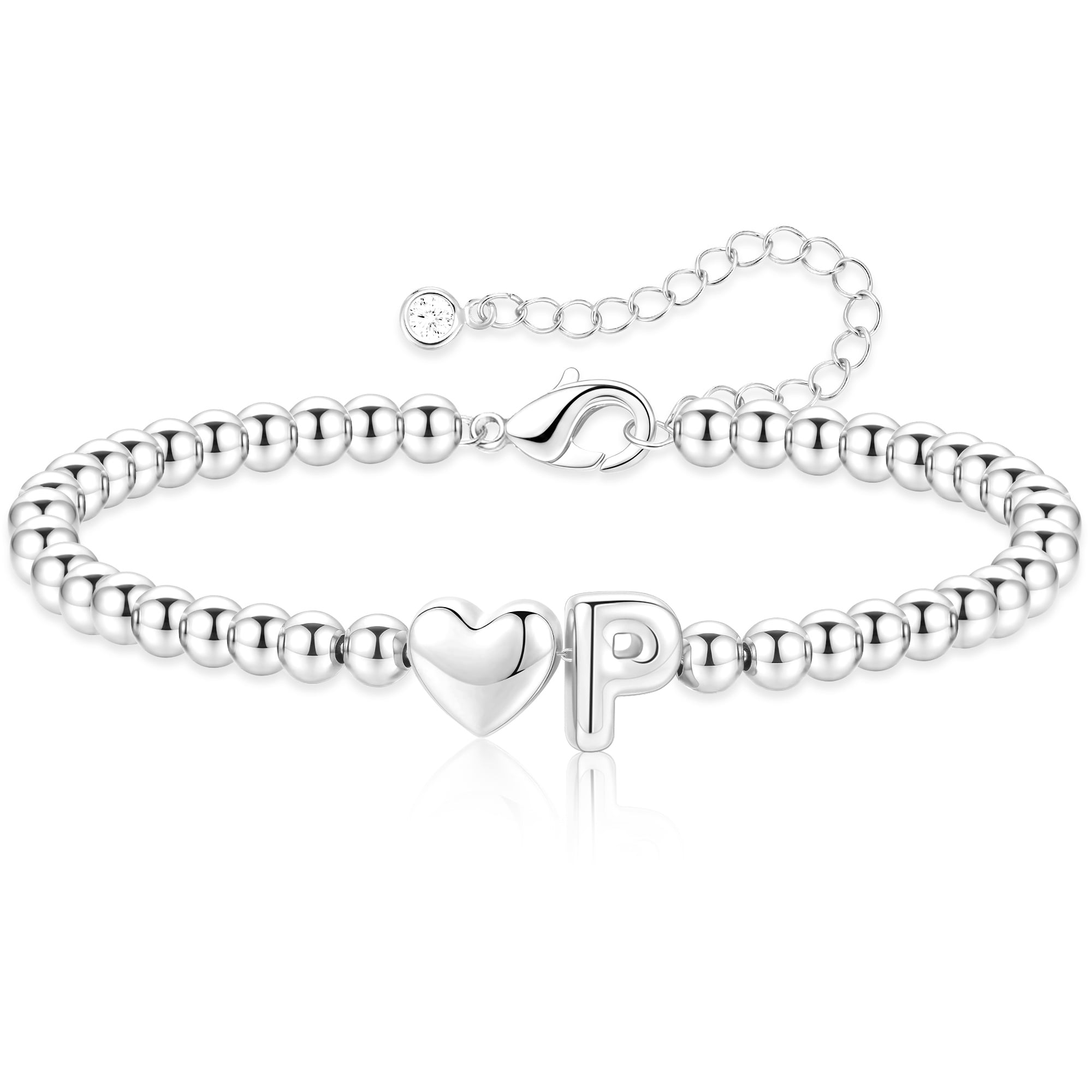 APSVO S925 Sterling Silver Plated Love Heart Initial Beaded Bracelet ...