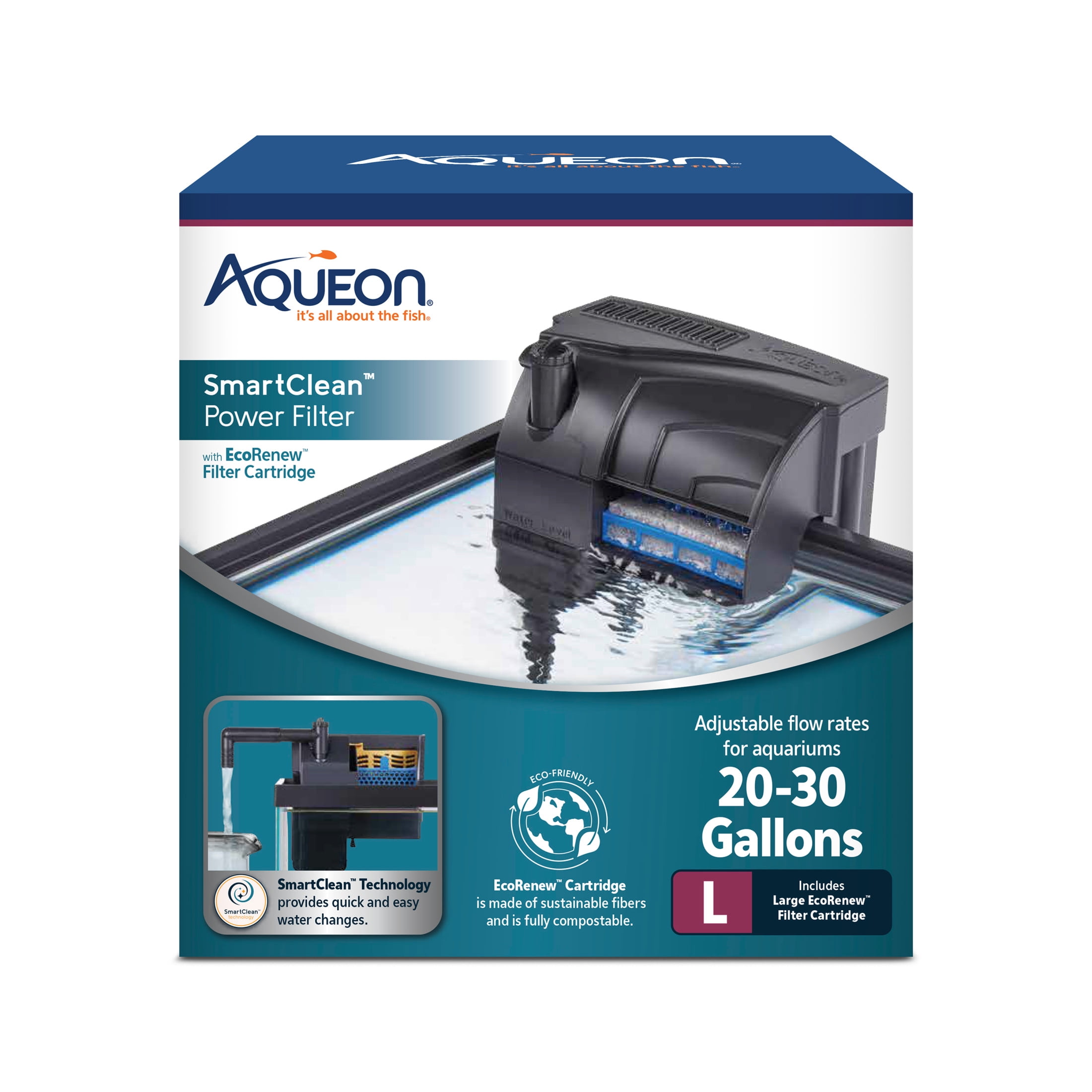 Aqueon SmartClean Power Filter with EcoRenew Filter Cartridge 20-30 ...