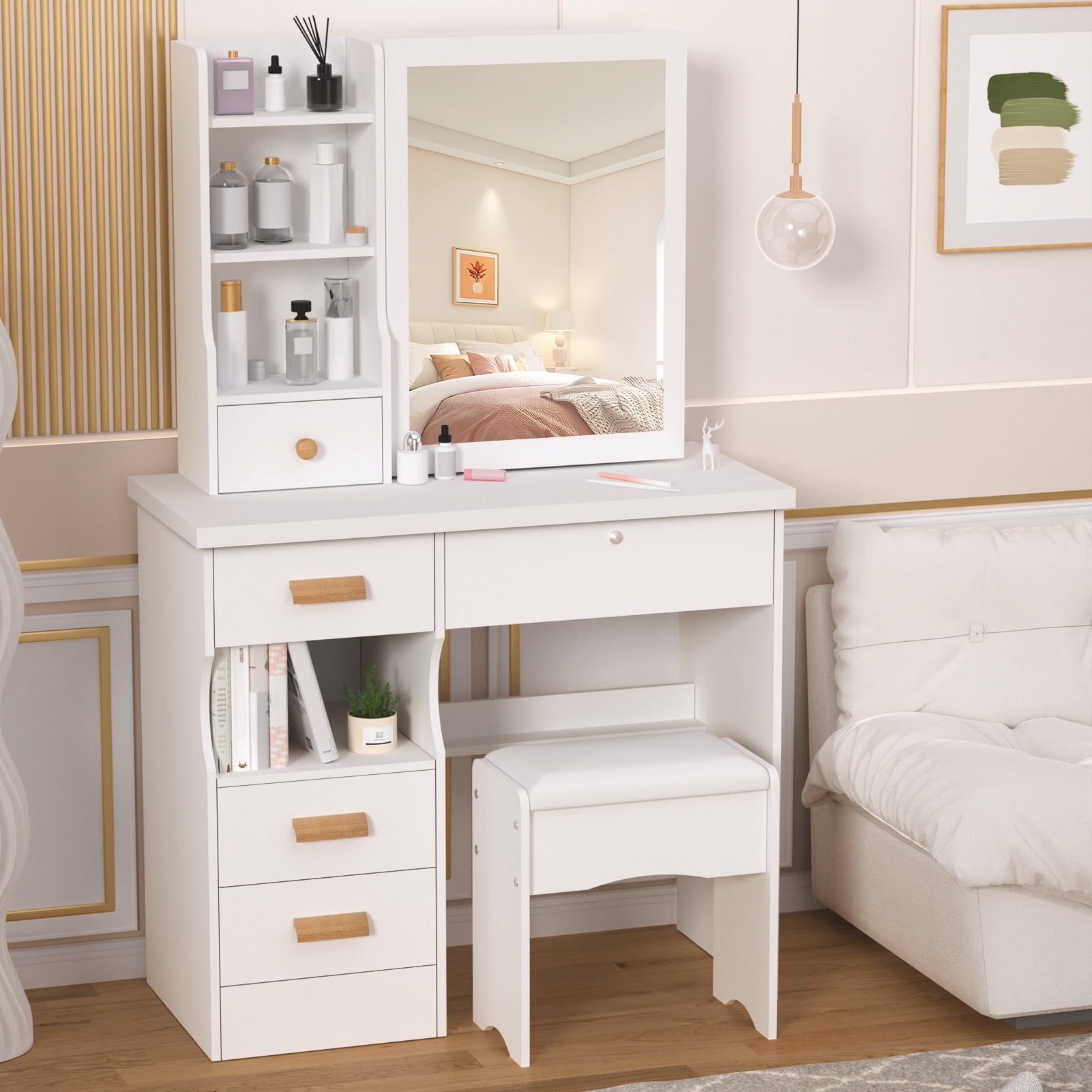 AQFZ White Vanity Desk Makeup Vanity Table with Sliding Mirror,Bedroom ...