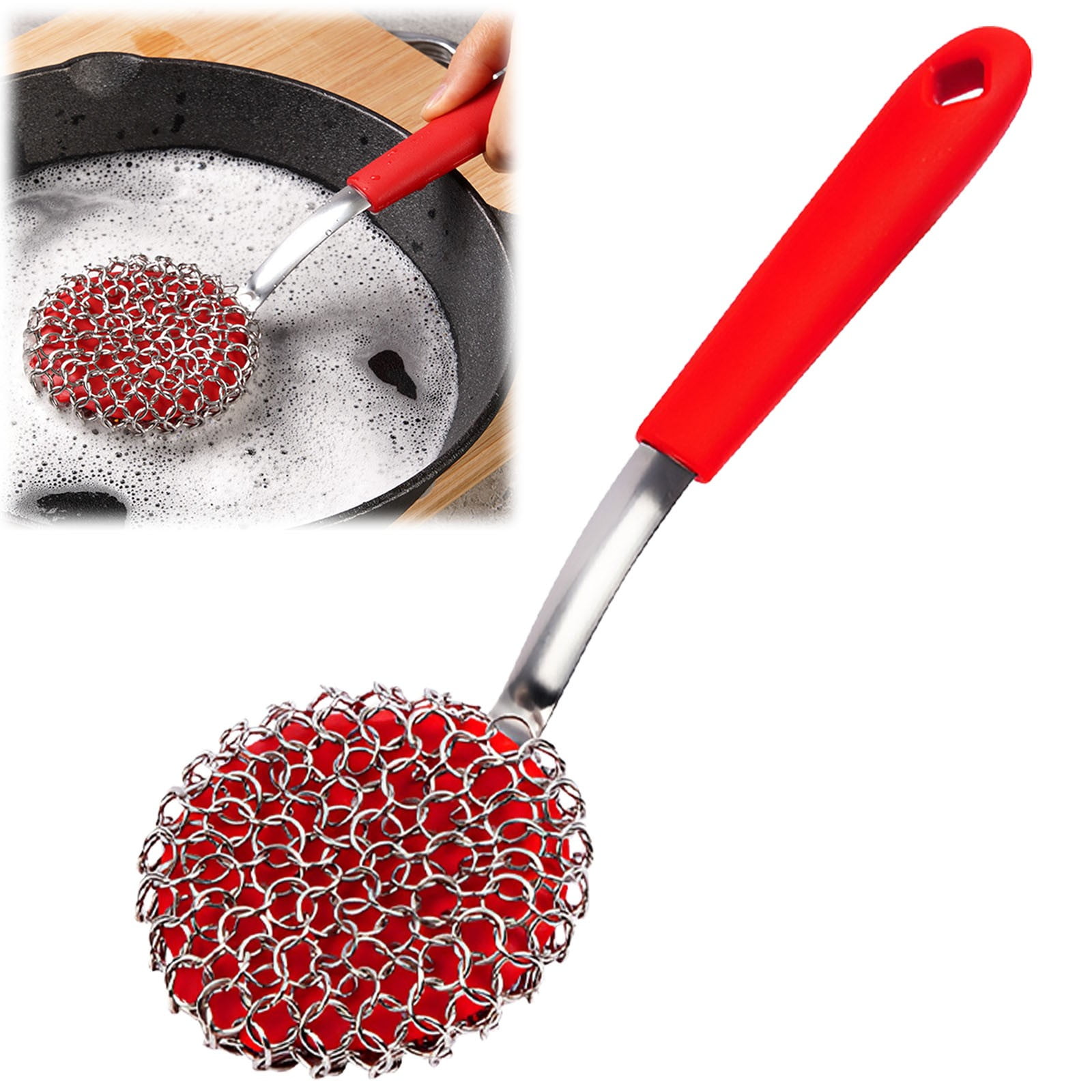 AQITTI Cast Iron Scrubber Brush with Handle Cast Iron Cleaner Chainmail ...