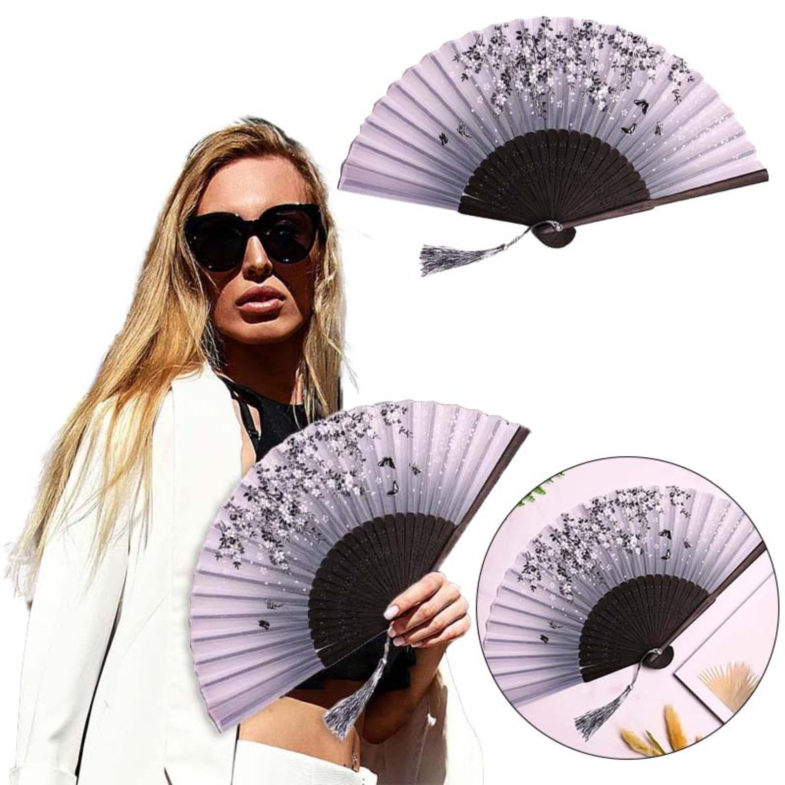 AQITTI Folding Hand Fan for Women Silk Handheld Folding Fan Chinese ...
