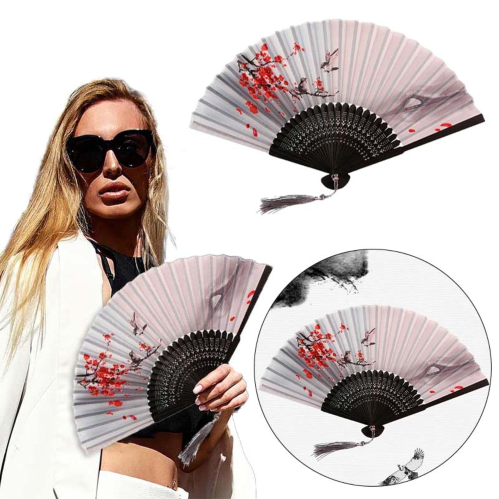 AQITTI Folding Hand Fan for Women Silk Handheld Folding Fan Chinese ...