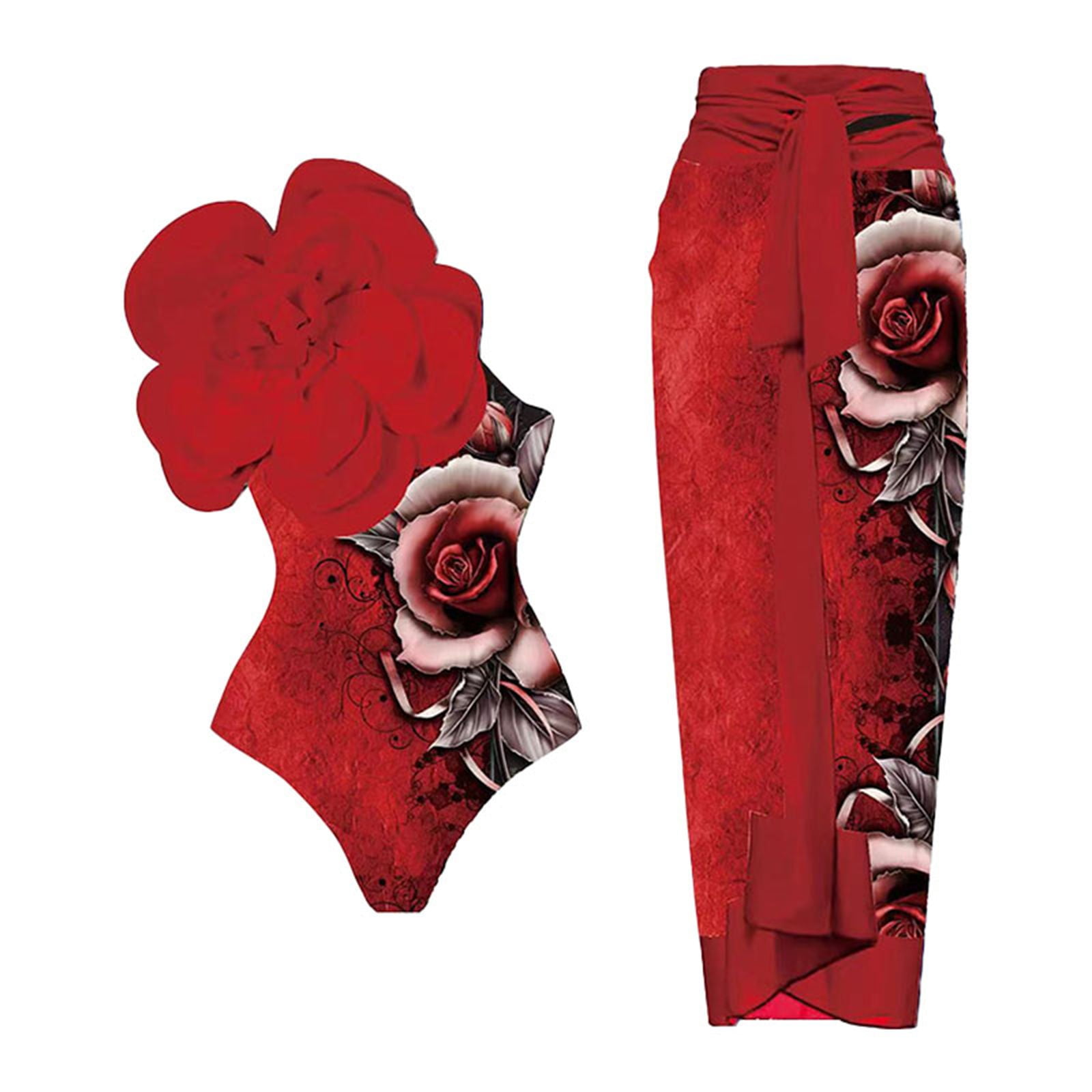 Aqitti Women Female Skinny Big Flower Foreign Trade Bathing Bathing Suit Set Chiffon Long Skirt