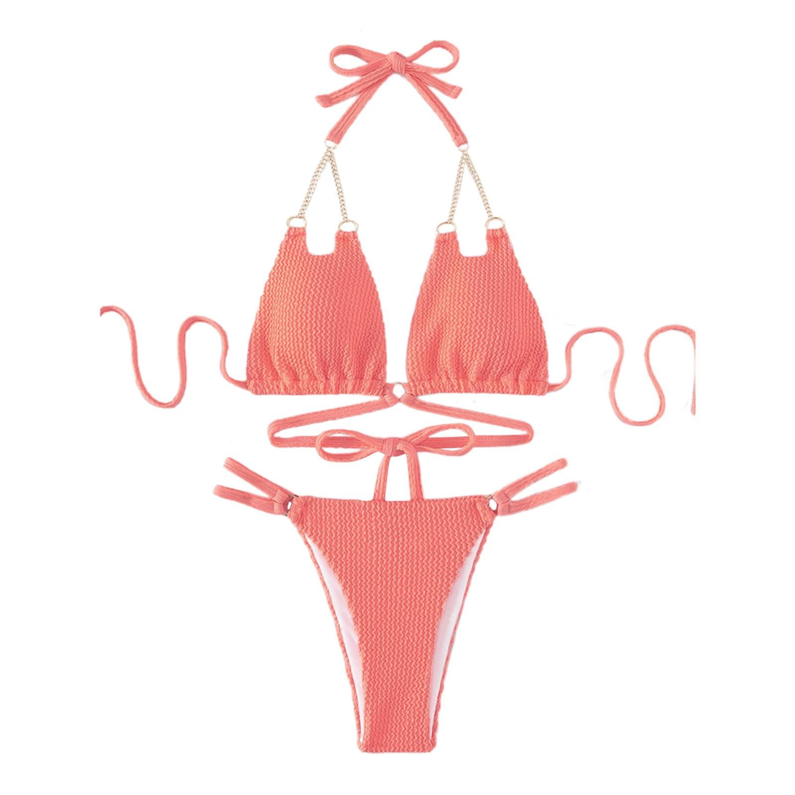 Aqitti Womens Cable Tie Swimsuit Split Solid Color Beach Bikini