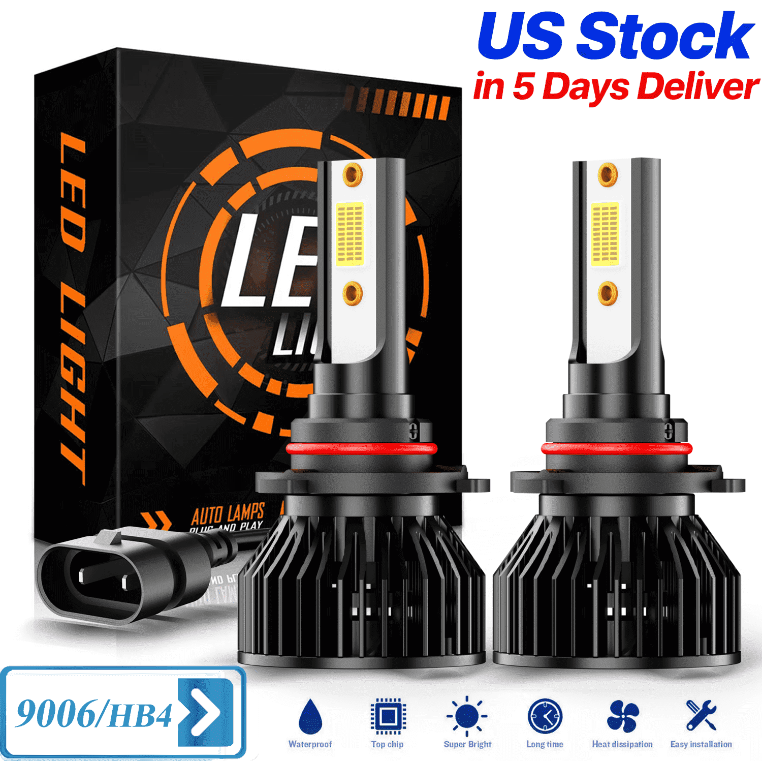 AQJ HB4/9006 LED Headlight Bulbs 6,000K White Automotive Bulb Pack of 2 ...