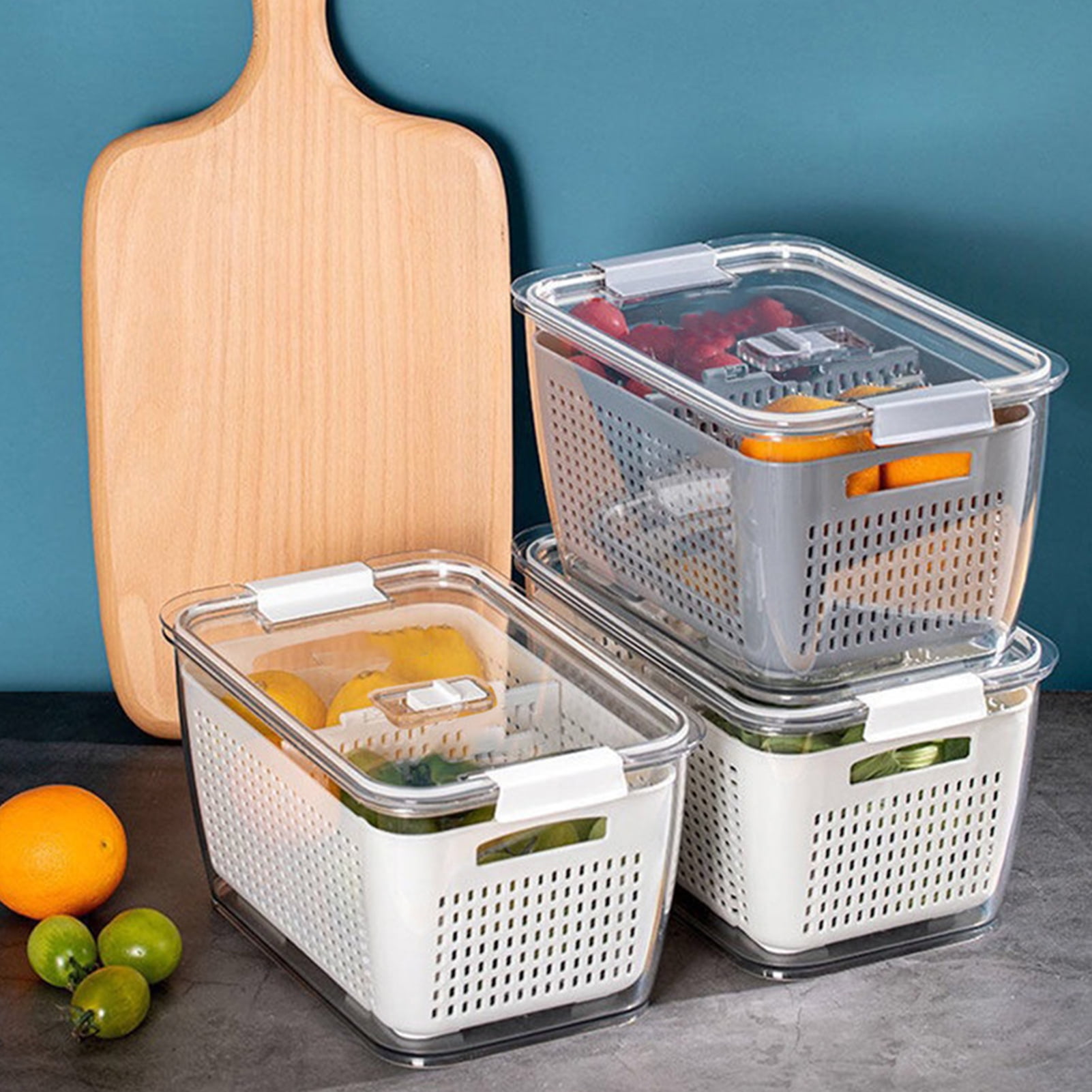 AQJW Fridge Food Storage Box Double Layers with Colander Drainage ...