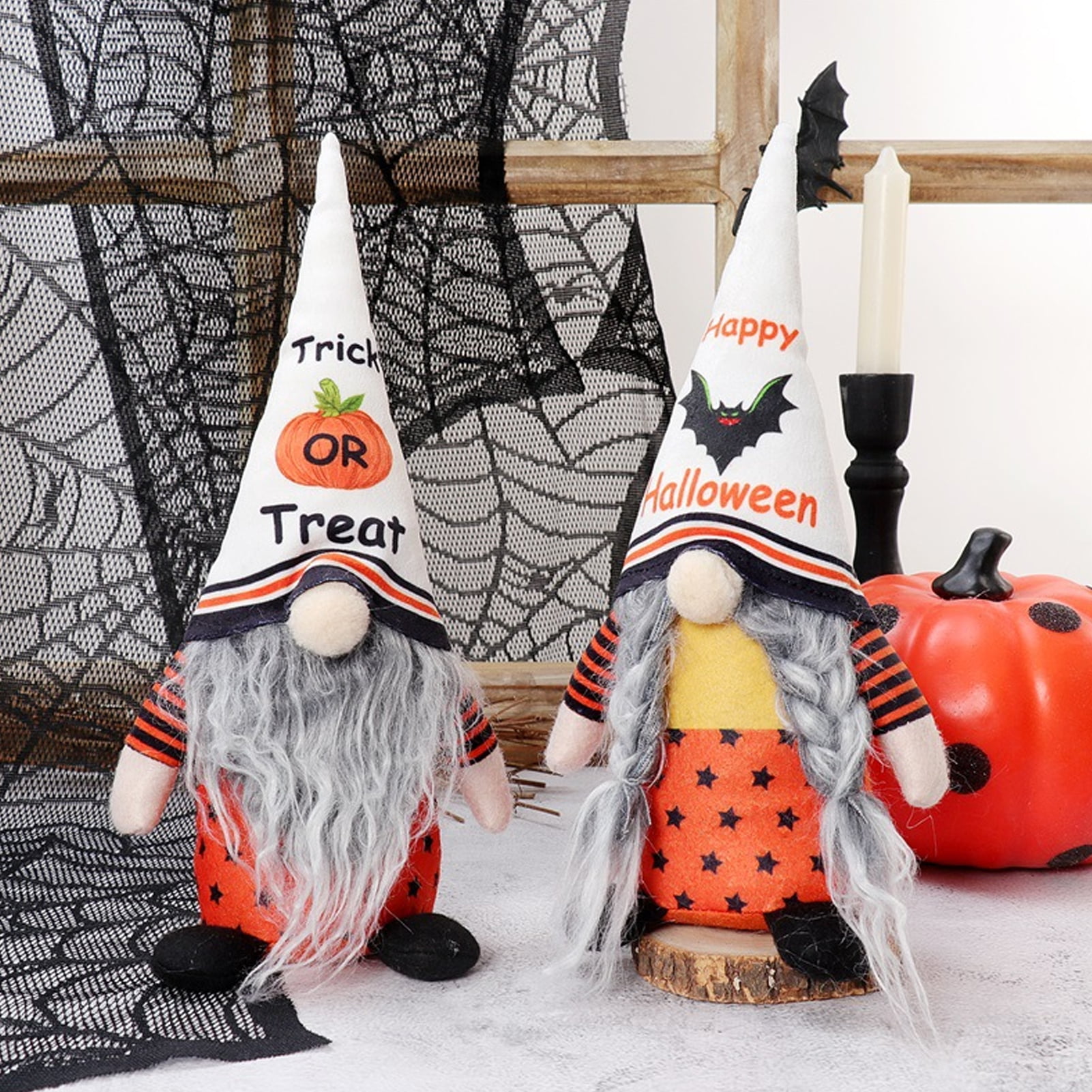 AQJW Halloween Gnome Doll Handmade Pumpkin Bat Print Witch Hat Full ...