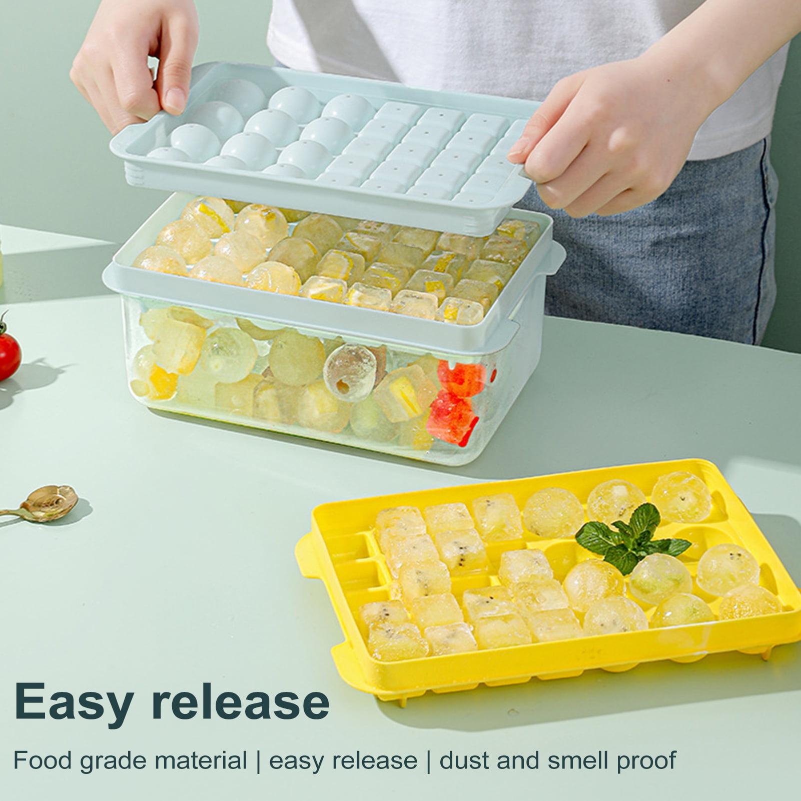 AQJW Ice Tray Set with Lid Bin Ice Shovels BPA Free Ice Cube Tray for ...