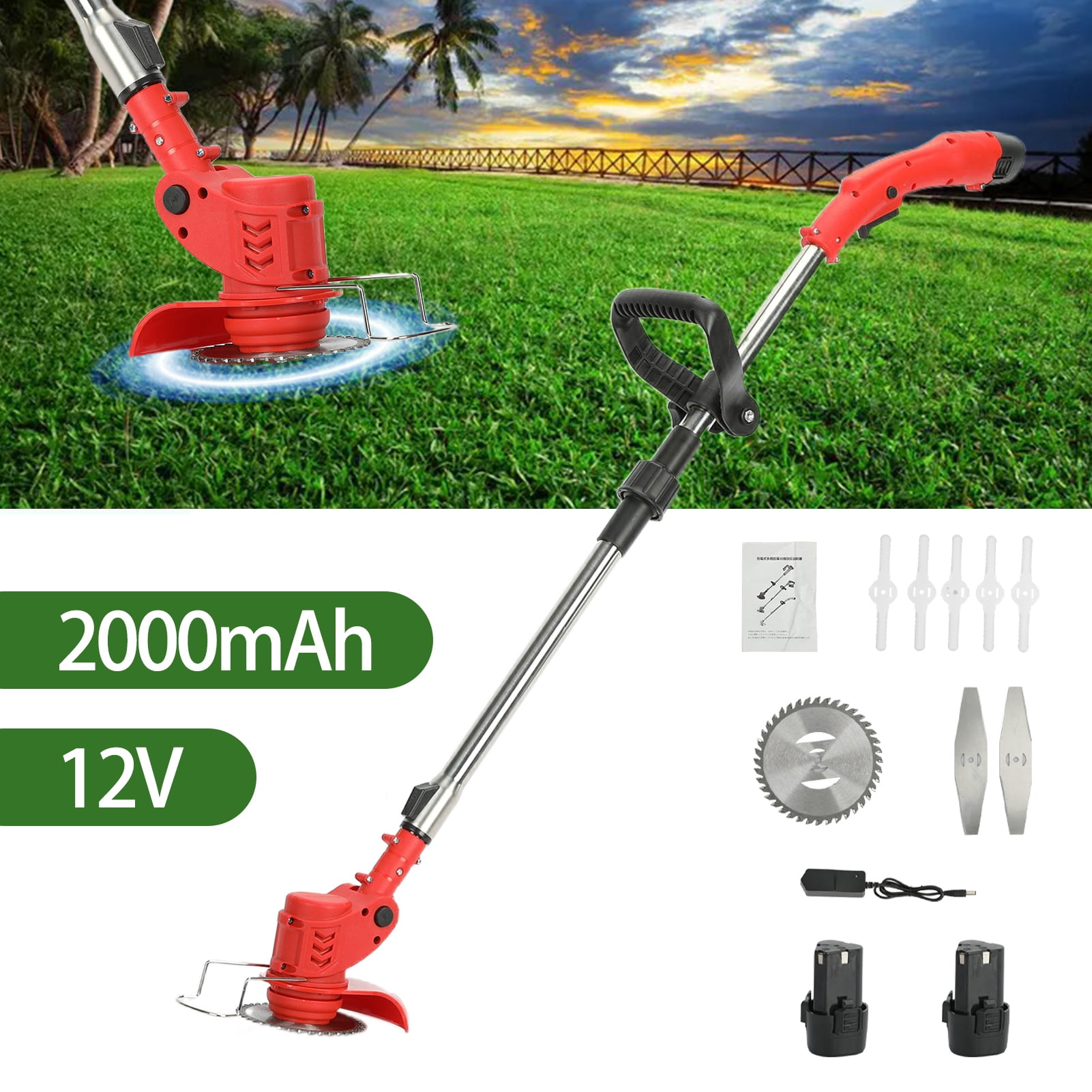 AQMD 12V Cordless Electric String Trimmers, 2000mAh 2xBatteries Handle ...