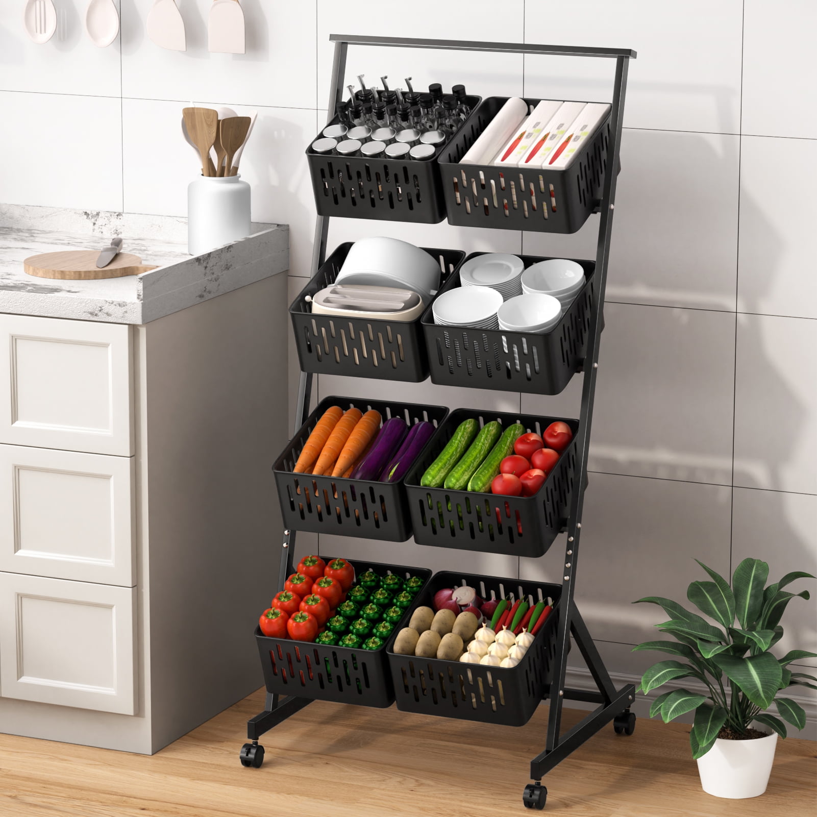 AQMD 4 Tier Fruit Vegetable Storage Basket Cart, Stackable Mesh Storage ...