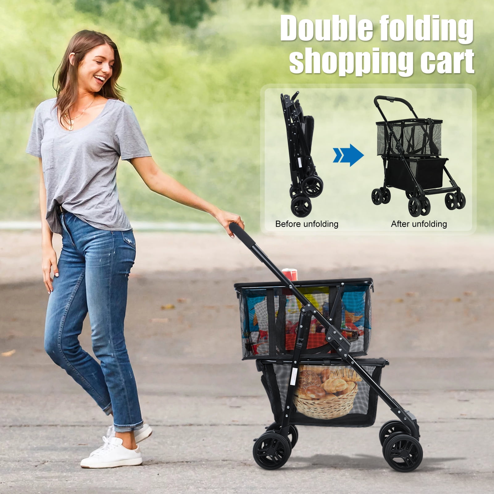 AQMD Folding Shopping Cart, Heavy Duty Grocery Cart with Removable ...