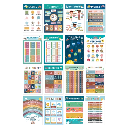 AQRS 16Pcs/Set Educational Poster Alphabet Number Animal Color Weather ...