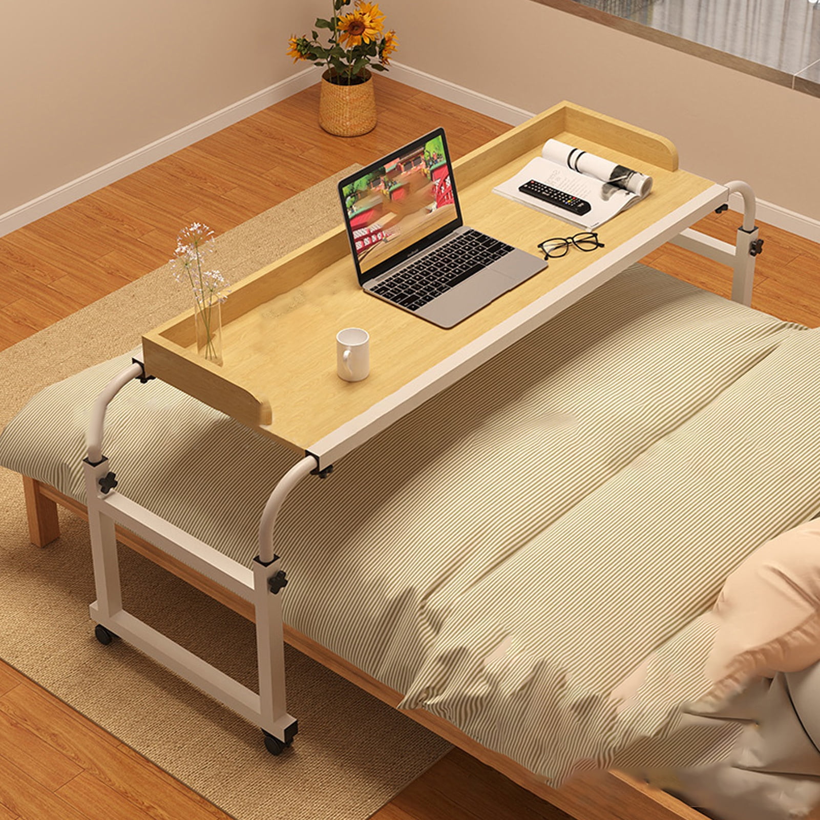 AQSQ 140x50CM Height Adjustable Overbed Table with Wheels Matte Black ...