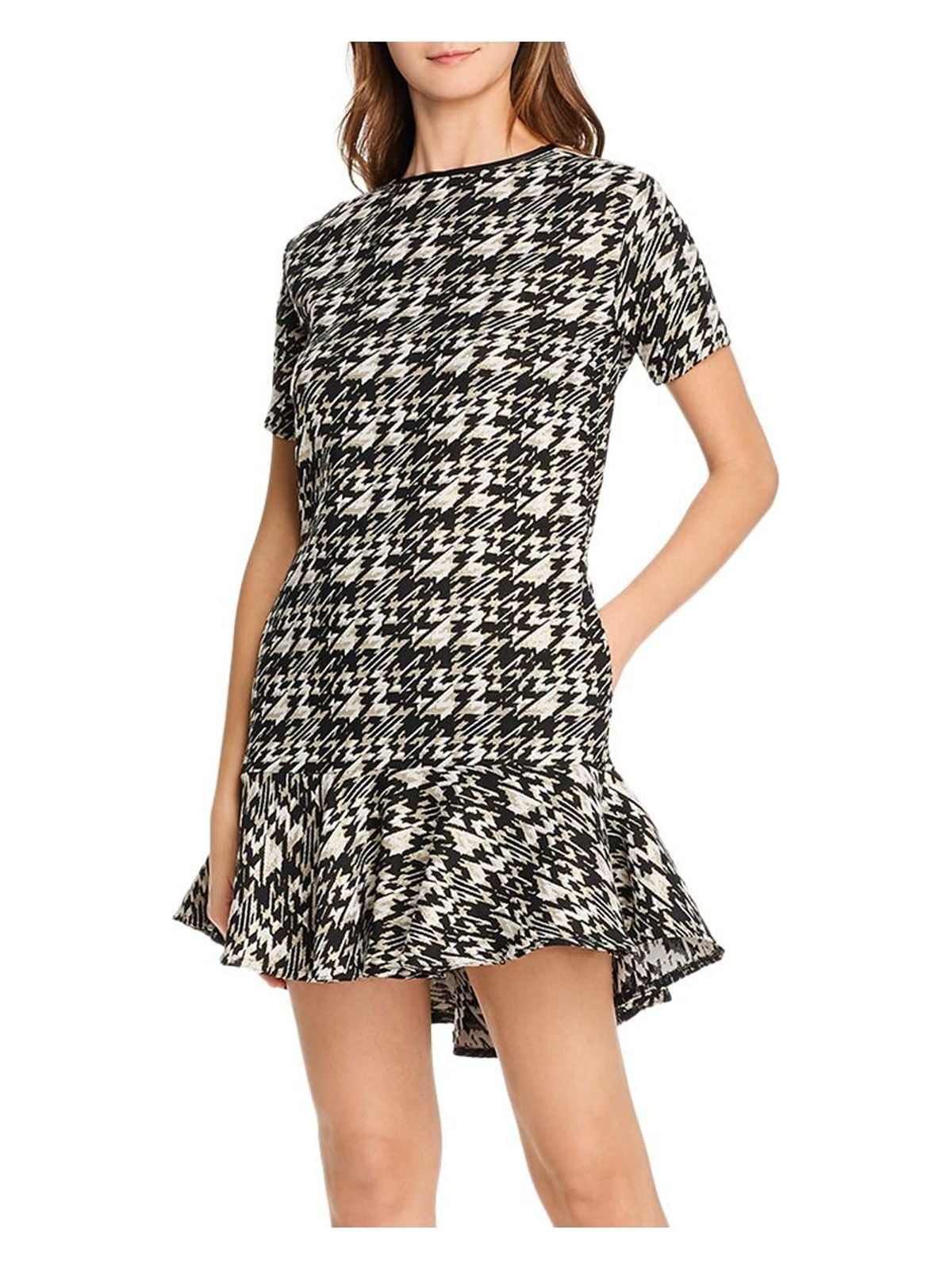 AQUA Womens Black Embellished Shimmering Houndstooth Short Sleeve Crew ...