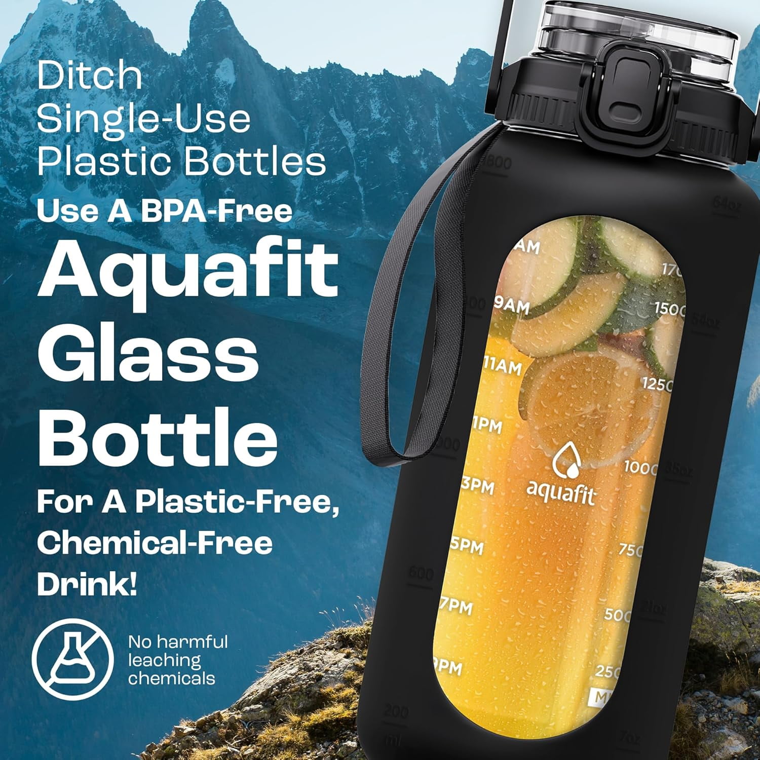 AQUAFIT Glass Water Bottle 64 Oz with Time Marker - 2in1 Straw & Chug ...