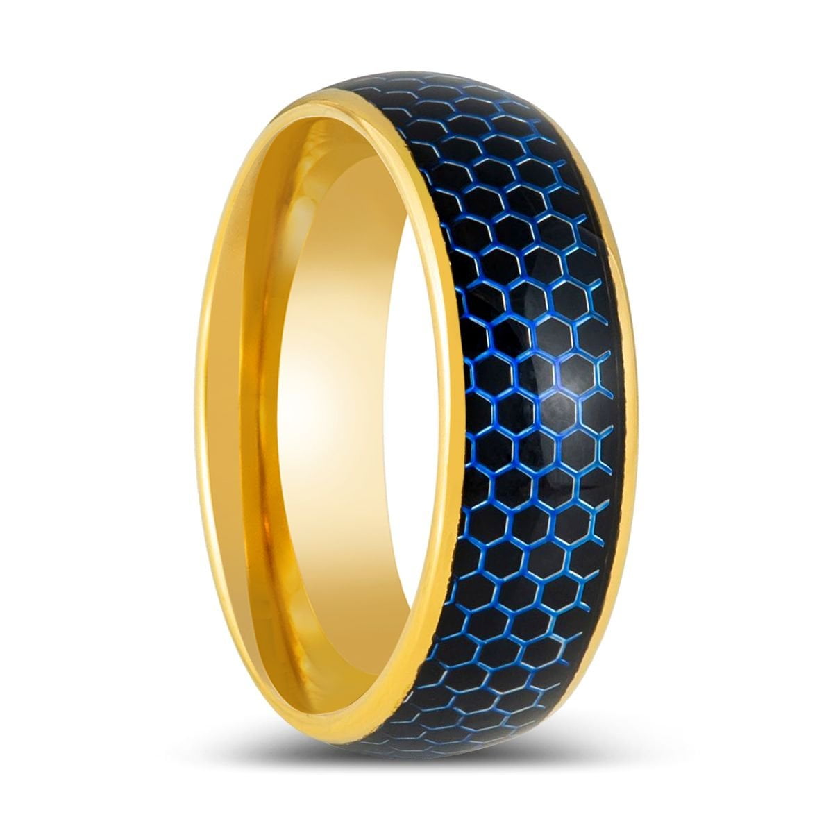 AQUAHEX | Gold Tungsten Ring, Domed Ring, Blue Honeycomb Cutout ...