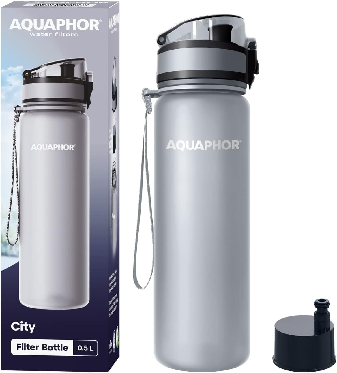 Aquaphor Travel Water Bottle 500ml Grey, BPA-Free Tritan, Carbon Filter Removes Chlorine ...