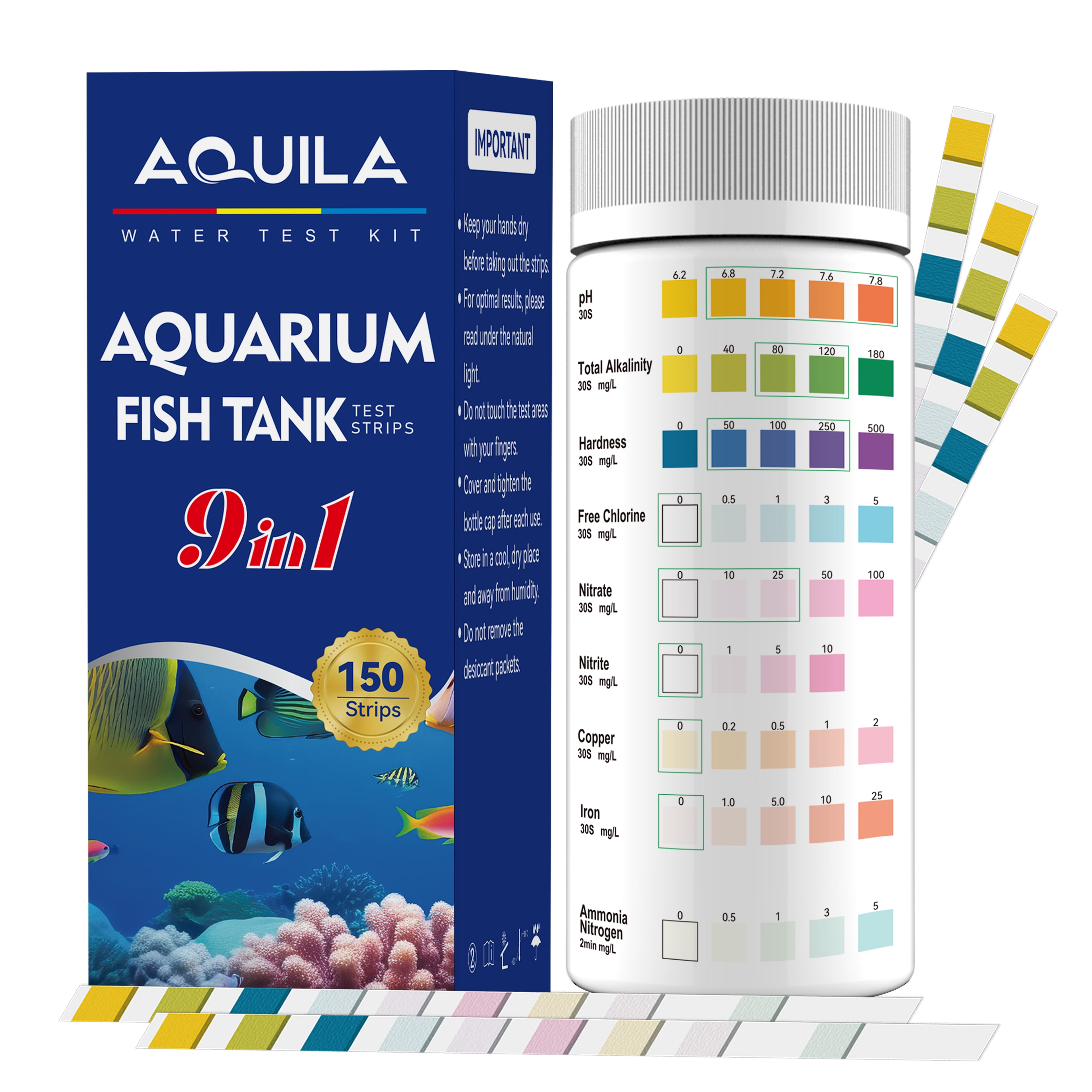 AQUILA Aquarium Test Strips 9 Way 150 Count for Fish Tanks and Ponds ...