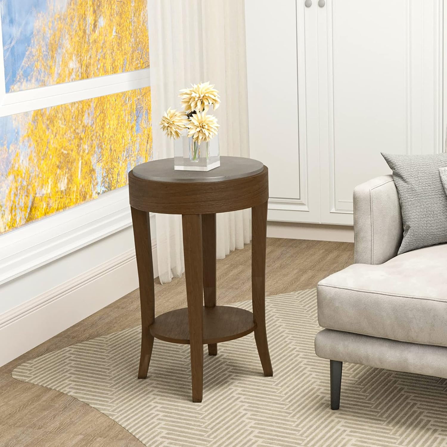 AQUILLA 2 Tier Rustic Accent Table, MDF Material Round Side Table with ...