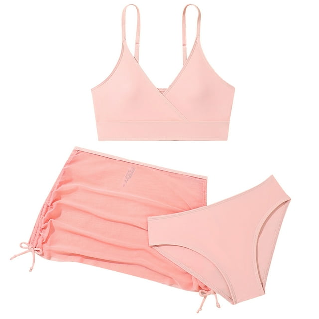Aqute Girls Swimsuit Set 3 Piece Cute Beach Bikini With Cover Up Skirt Light Pink 9y