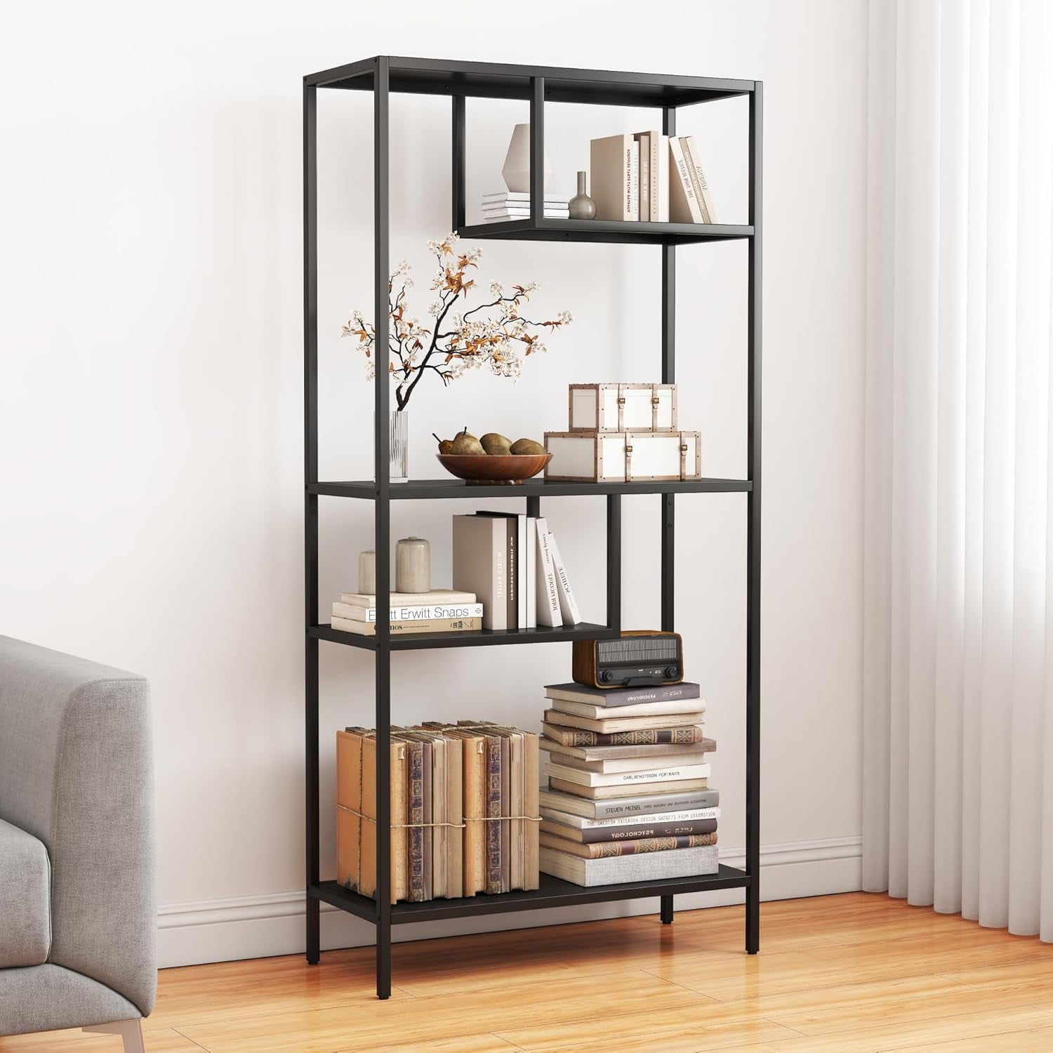 AQY 4 Tier 71" Tall Black Bookshelf，Heavy Duty Large Bookcase with ...
