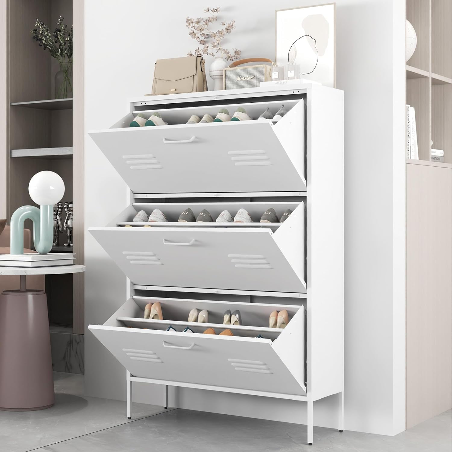 AQY 49" Shoe Storage Cabinet with 3 Flip Drawers, 6-Tier White Freestanding Shoe Rack Organizer ...