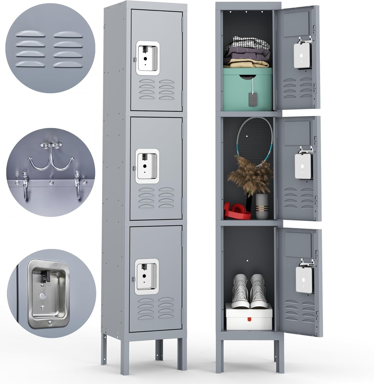 AQY Metal Lockers for Employees, 3-Tier Storage Locker Cabinet with 3 ...