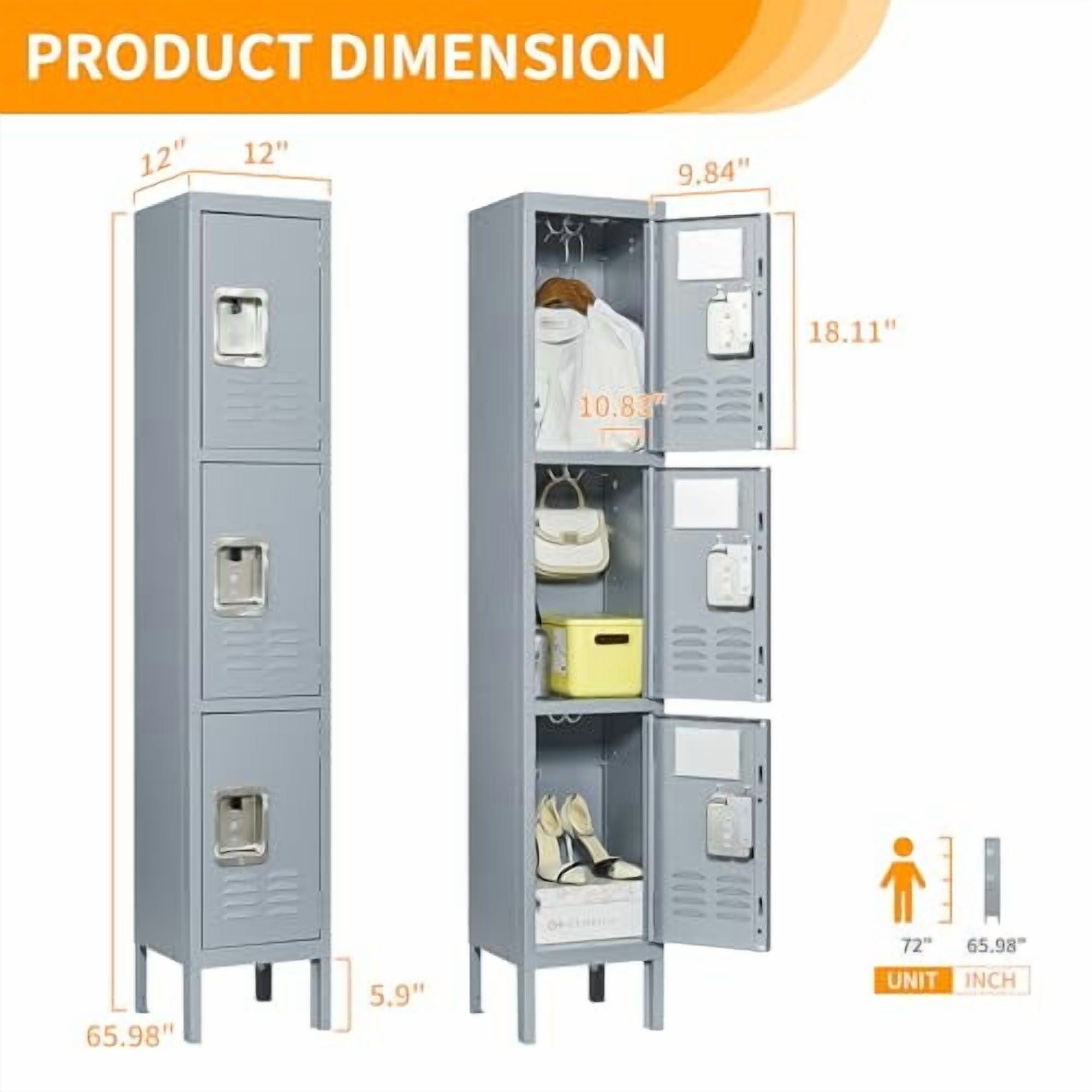 AQY Metal Lockers for Employees, 3-Tier Storage Locker Cabinet with 3 ...