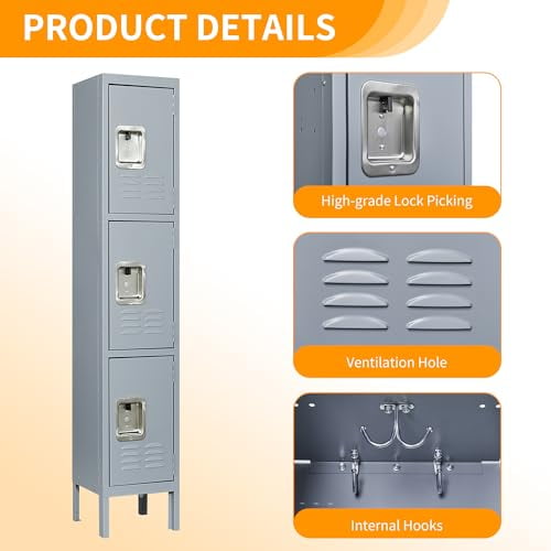 AQY Metal Lockers for Employees, 3-Tier Storage Locker Cabinet with 3 ...