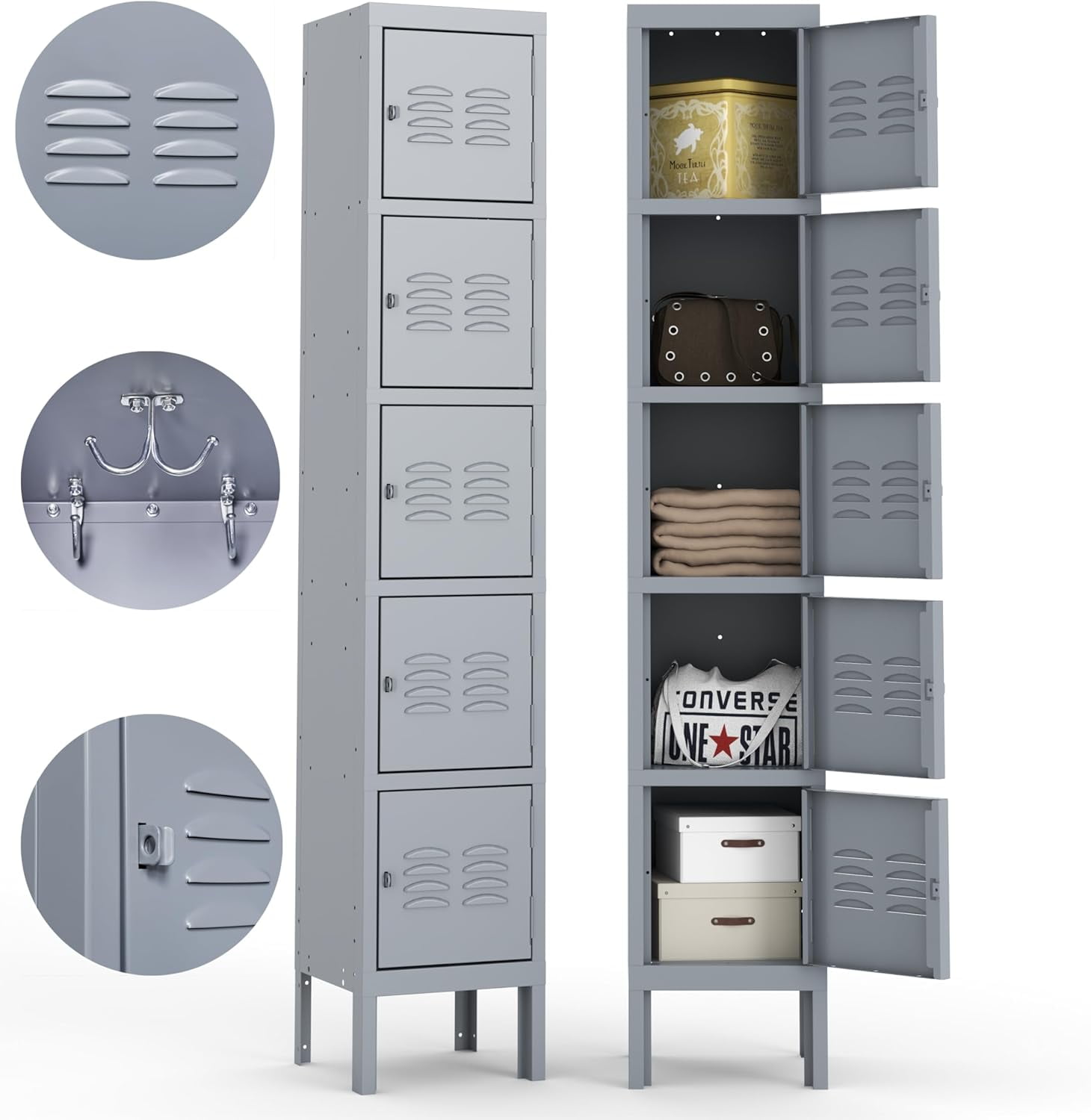 AQY Metal Lockers for Employees, 5-Tier Storage Locker Cabinet with 5 ...