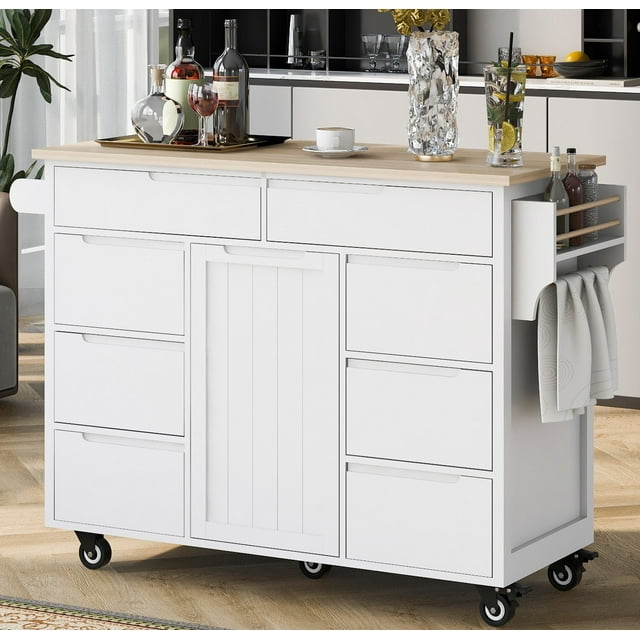 AR 53" Kitchen Cart with Rubberwood Countertop on 5 Wheels, Kithcen ...