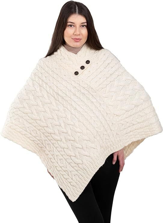 ARAN ISLE Ladies Poncho 100% Virgin Wool Aran Cable Knit Shawl Neck with Buttons Sweater ...