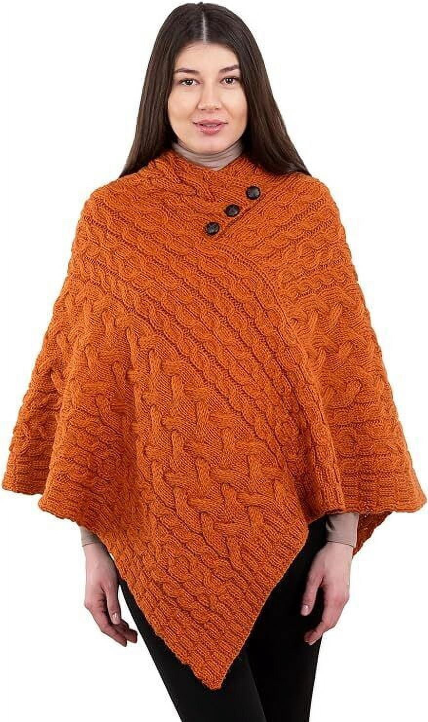 ARAN ISLE Ladies Poncho 100% Virgin Wool Aran Cable Knit Shawl Neck ...