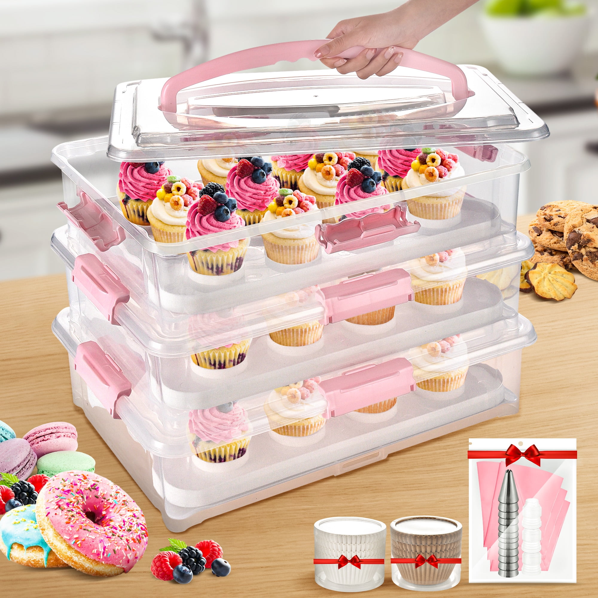 ARC 3-Tiers Cupcake Carrier Pink - Cupcake Portable Storage Box Dessert ...
