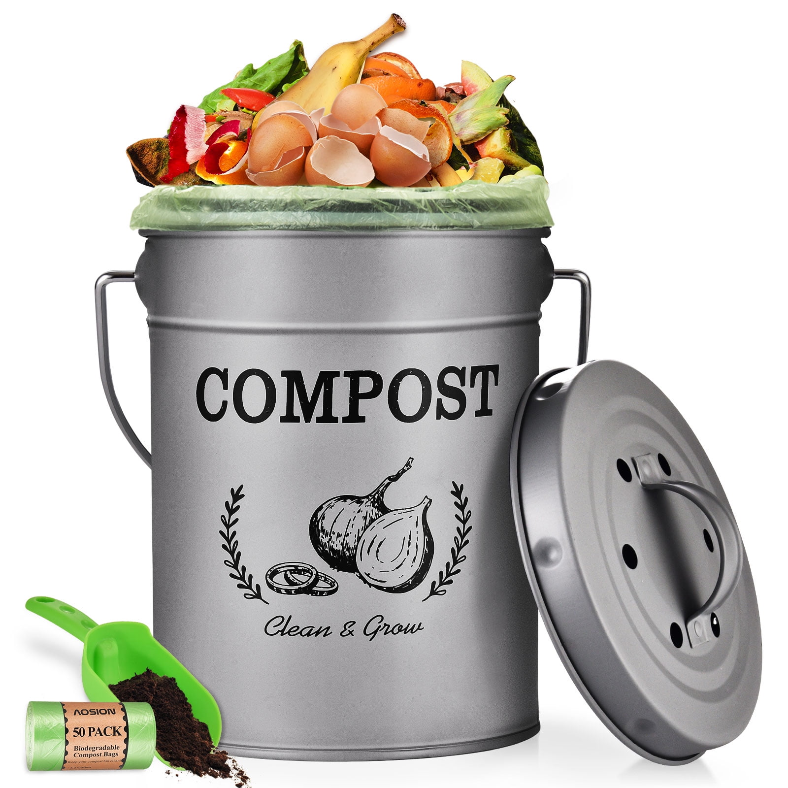 Small Top Home Compost Bin for Kitchen Counter, 1.0 Gallon, Grey with ...